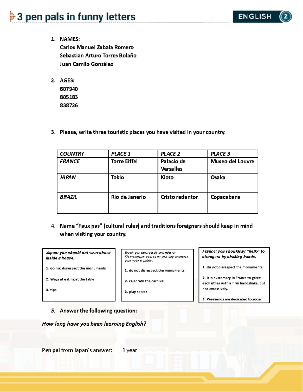 Pen Pal application form - 1. NAMES: Carlos Manuel Zabala Romero ...