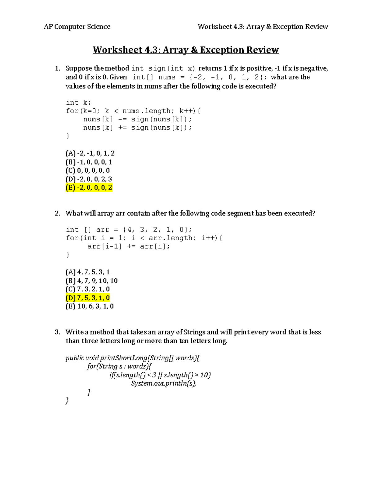 Worksheet 43 Array And Exception Answers Worksheet 4 Array 0823