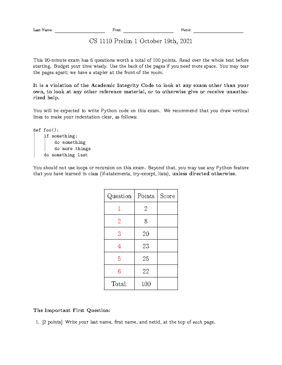 2021-fall-prelim 1 - fall 2021 first prelim exam - CS 1110 Prelim 1 ...