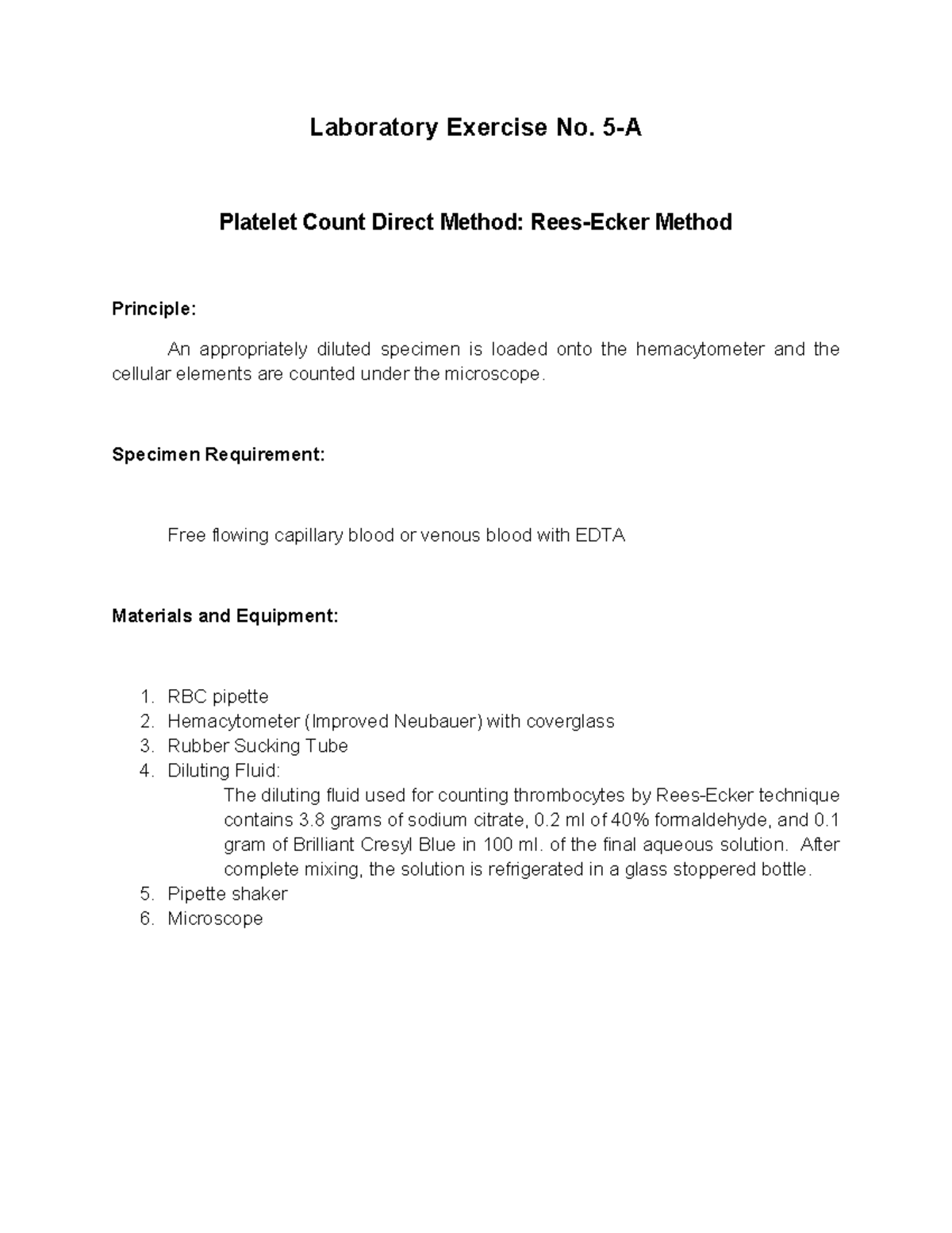 Lab Exercise No 5 direct platelet Count - Laboratory Exercise No. 5-A ...