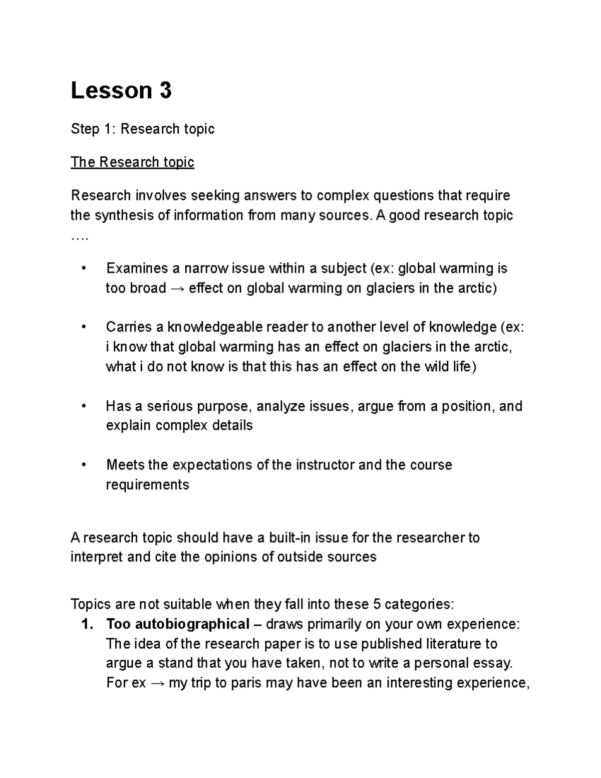 Lesson 3 INST250 - lecture notes - Lesson 3 Step 1: Research topic The ...