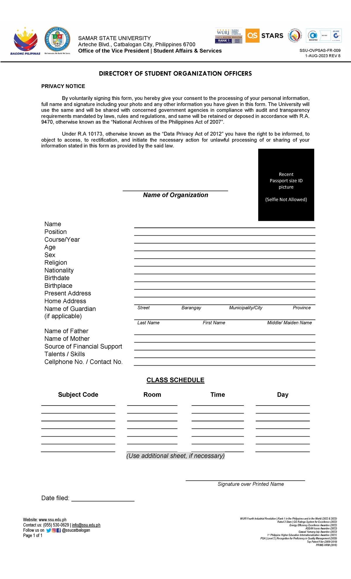 SSU- Vpsas-FR-009 Directory of Student Organization Officers - WURI ...