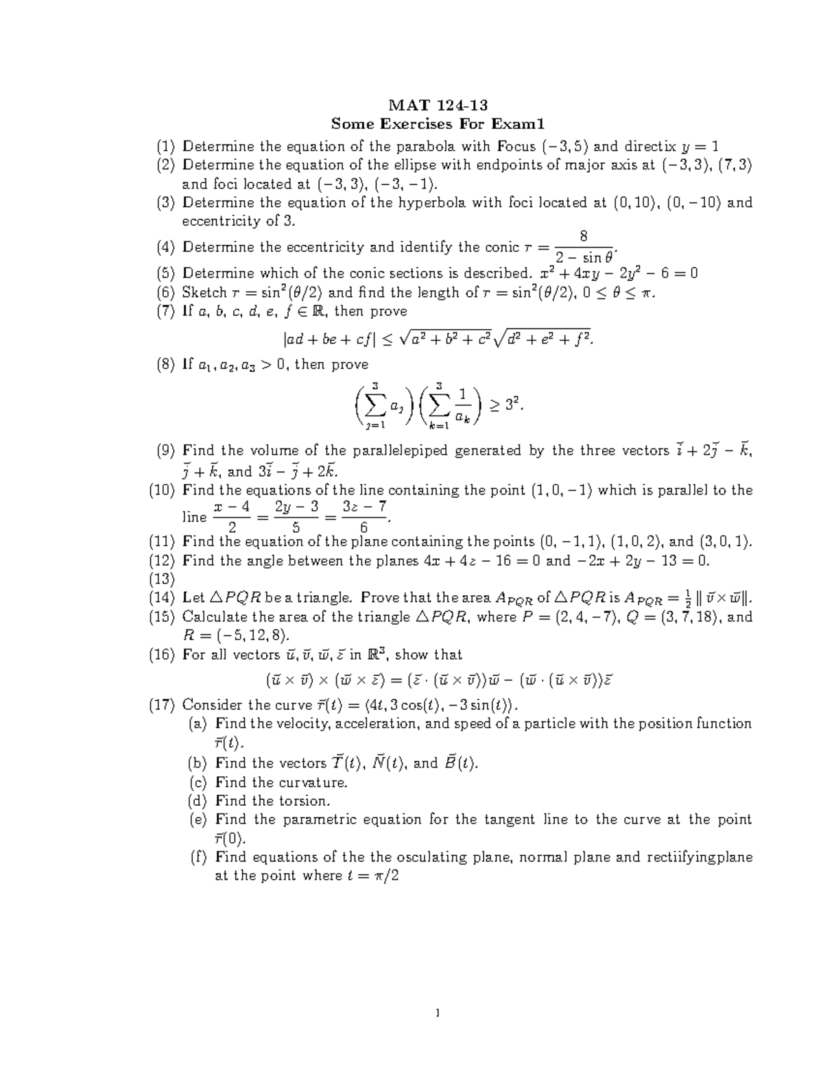 MAT 124-13 Some Exercises For Exam1 - MAT 124- Some Exercises For Exam ...