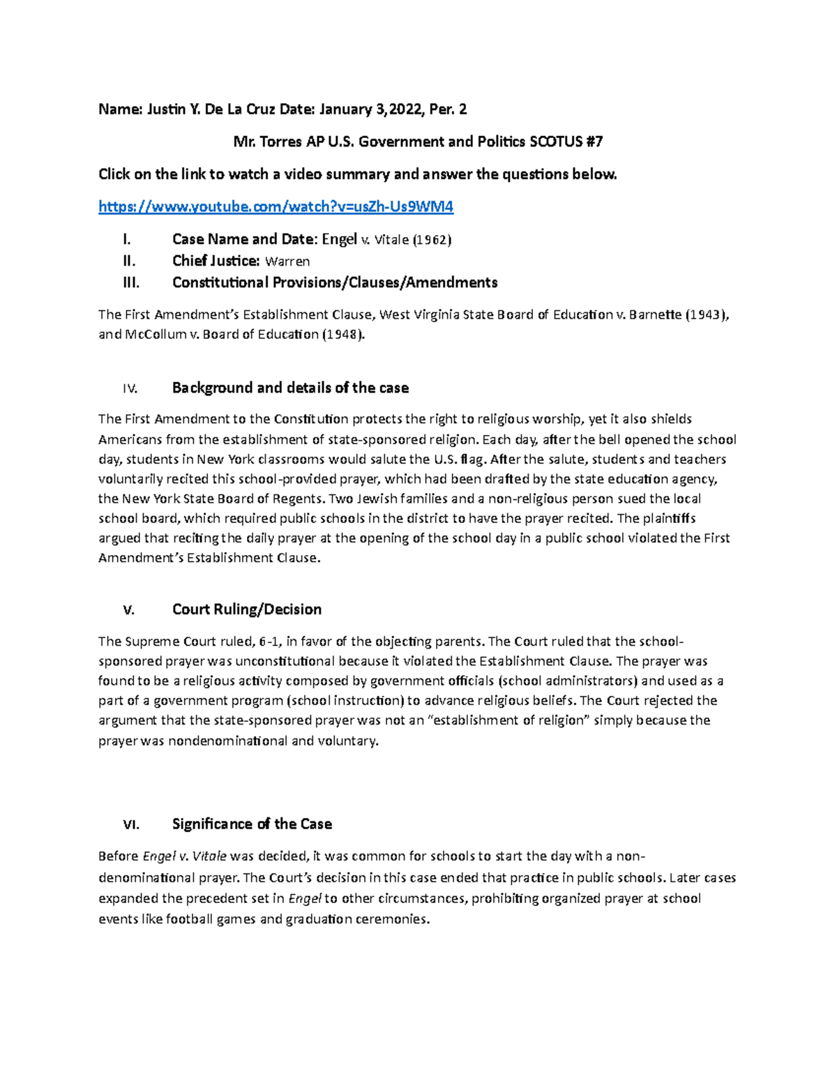 Scotus 7 - govern notes - Name: Justin Y. De La Cruz Date: January 3 ...