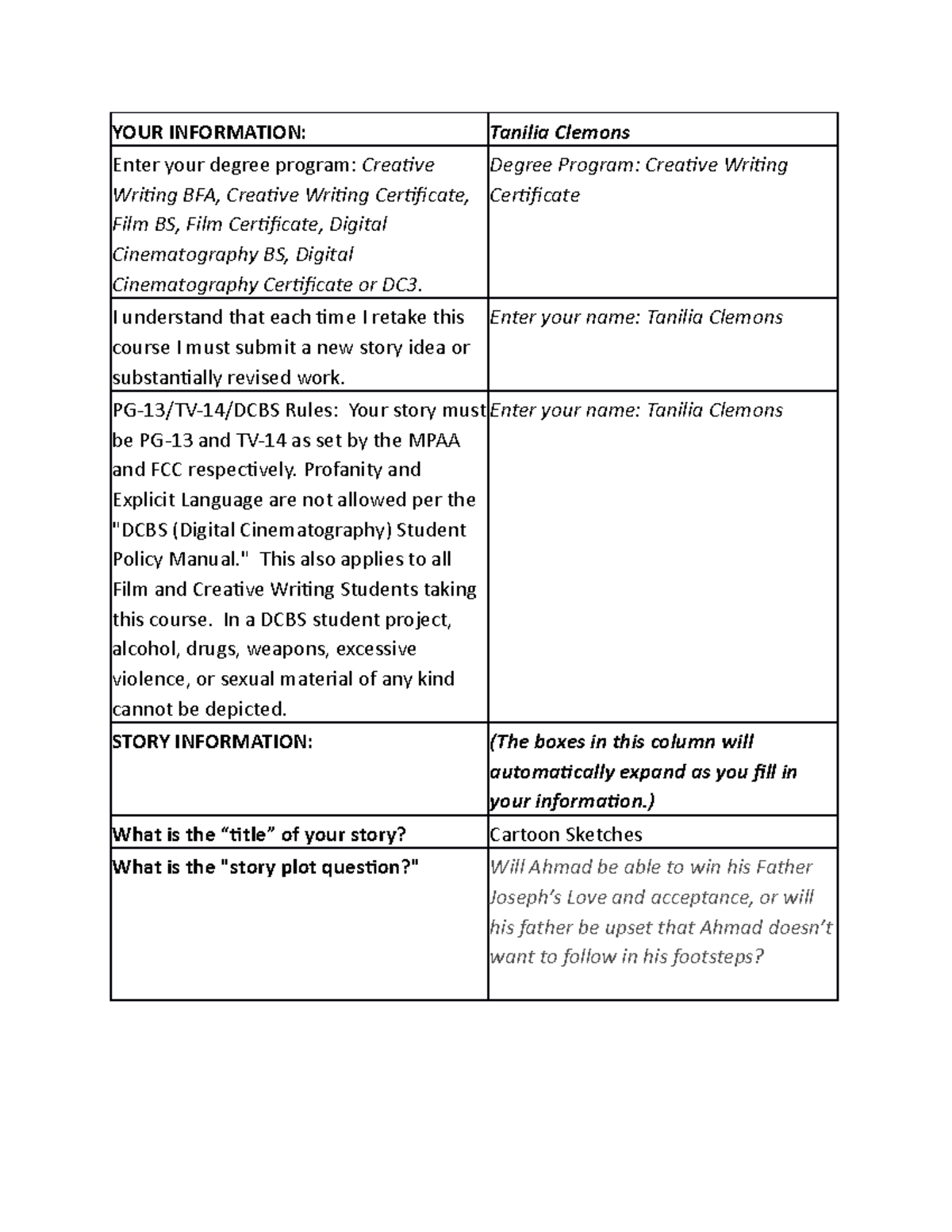 Clemons Tanilia My Short Flim Outline - YOUR INFORMATION: Tanilia ...