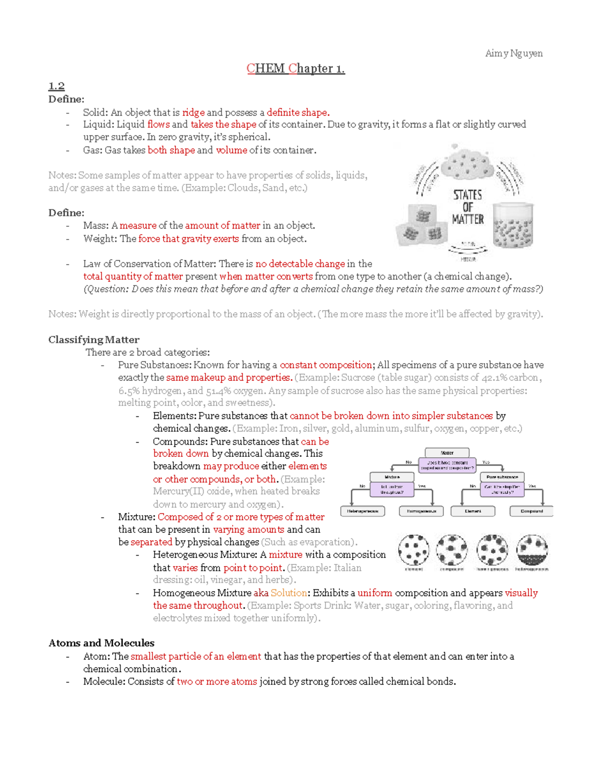 Chem Ch - Lecture notes 1,3 - Aimy Nguyen C HEM C hapter 1. 1. Define ...