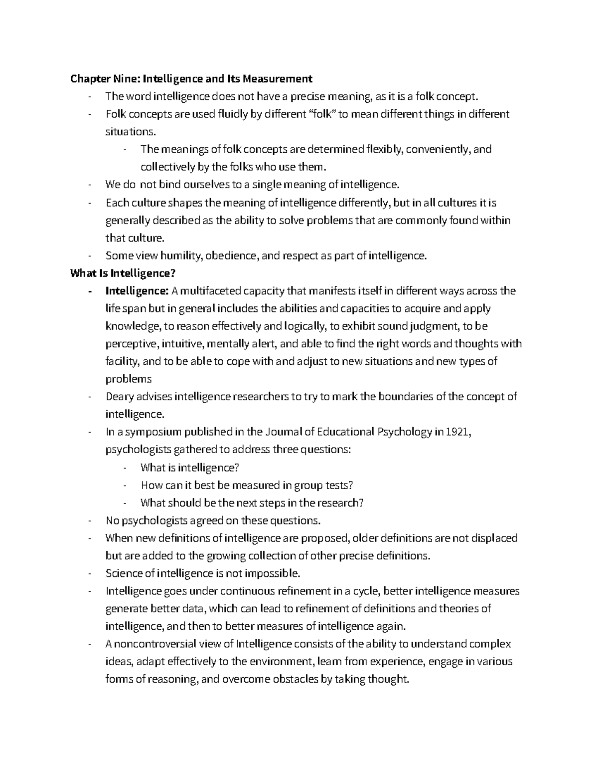 Chapter 9 Notes - Chapter Nine: Intelligence and Its Measurement - The ...