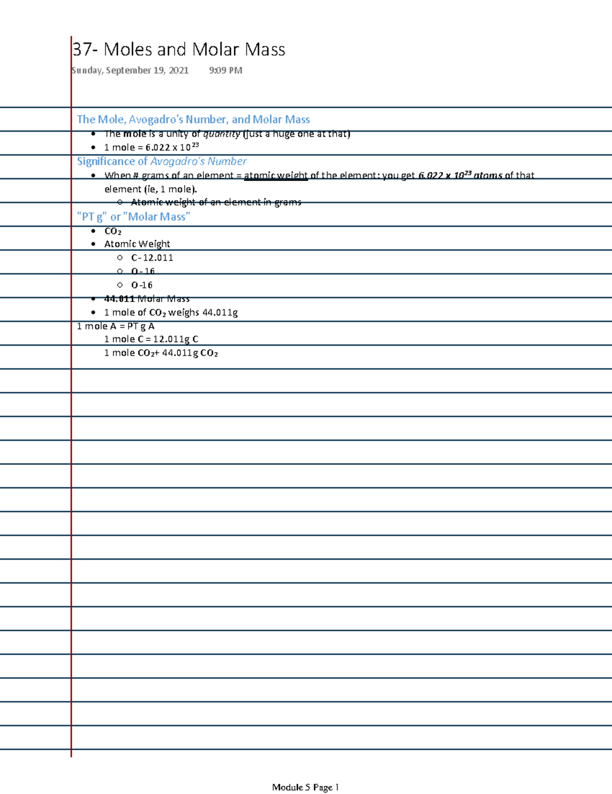 Module 5 Lecture Notes 37 44 Moles And Molar Mass Sunday September 19 2021 909 Pm The