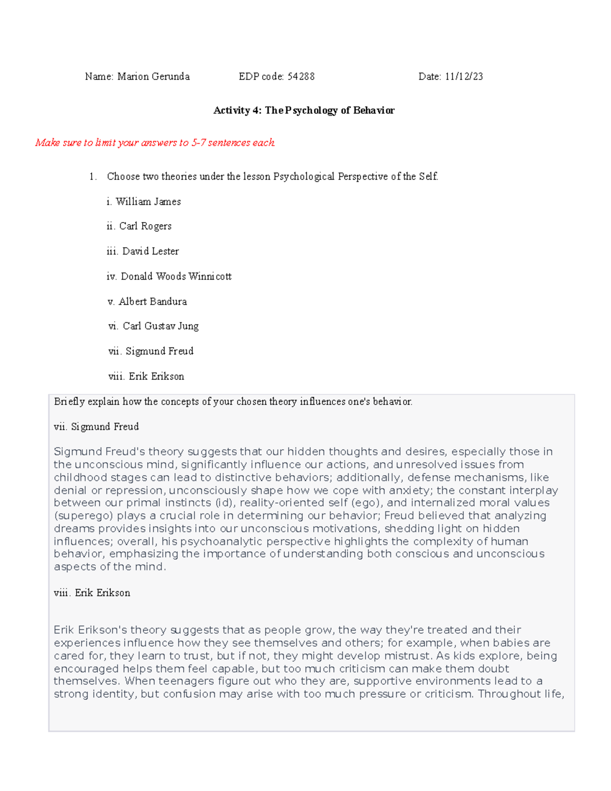 Activity 4 Psychology of Behavior assignment Marion - Name: Marion ...