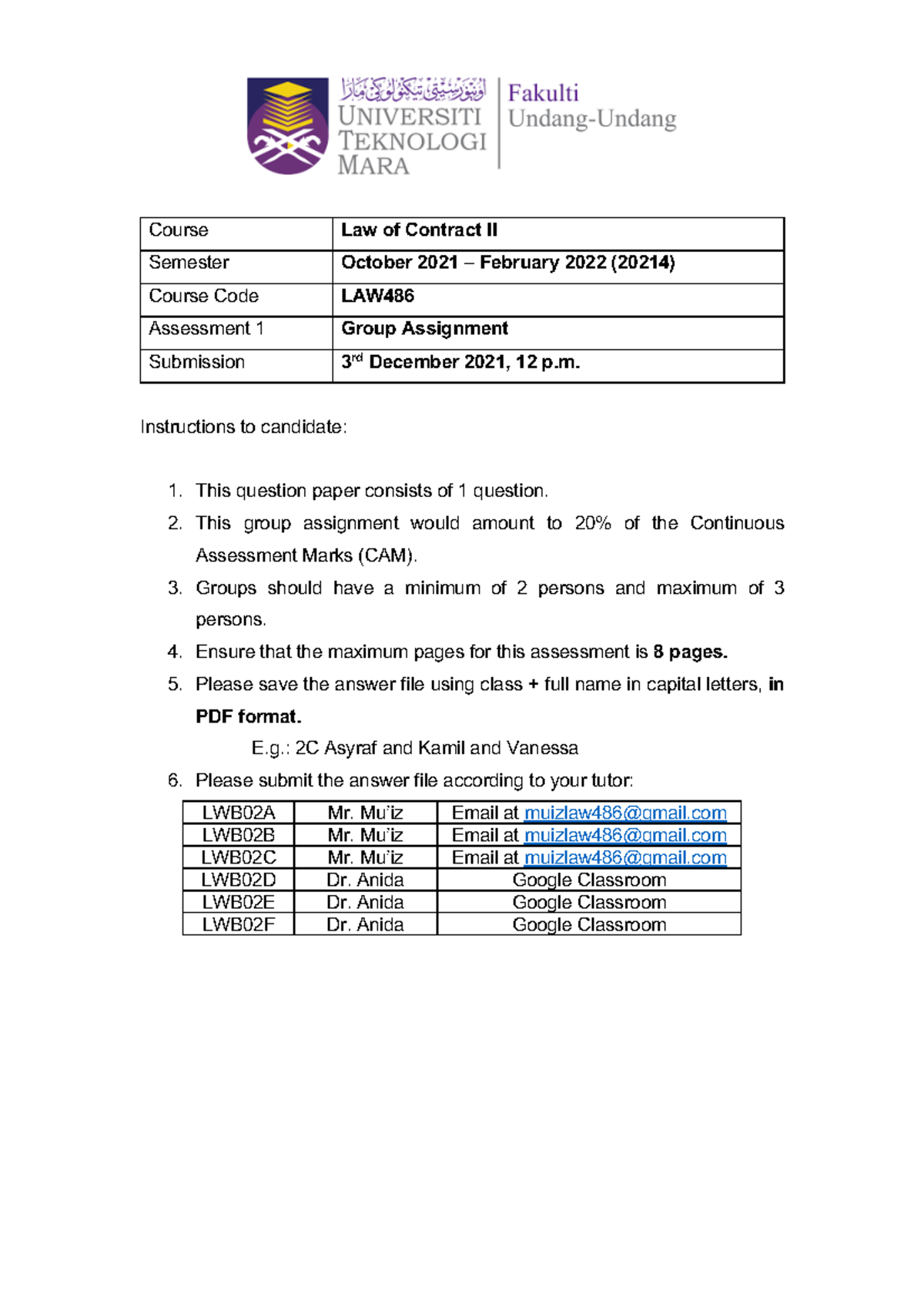 Assessment 1 Question PER & CC - Course Law of Contract II Semester ...