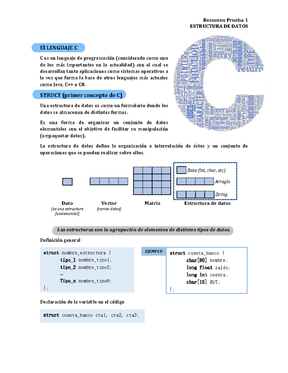 Resumen prueba 1 - ESTRUCTURA DE DATOS El LENGUAJE C C es un lenguaje ...