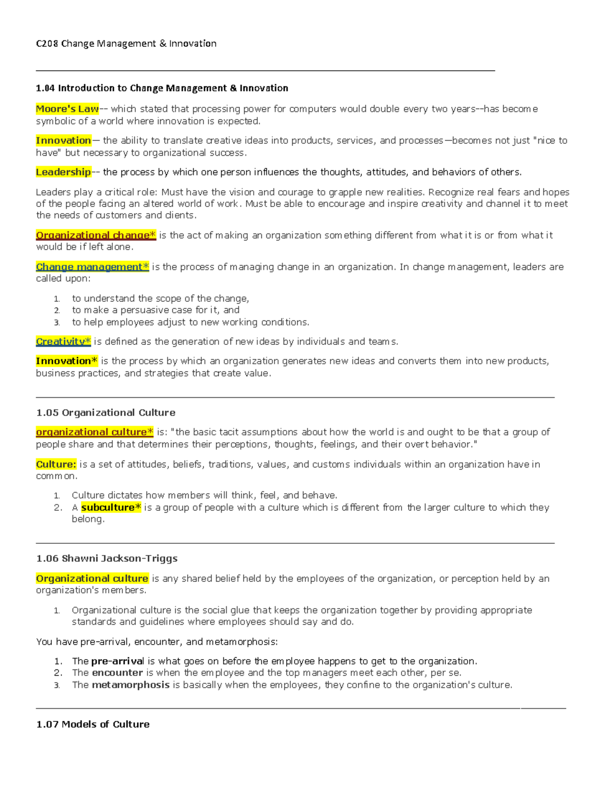 Change Management Module 1 Notes - C208 Change Management & Innovation ...