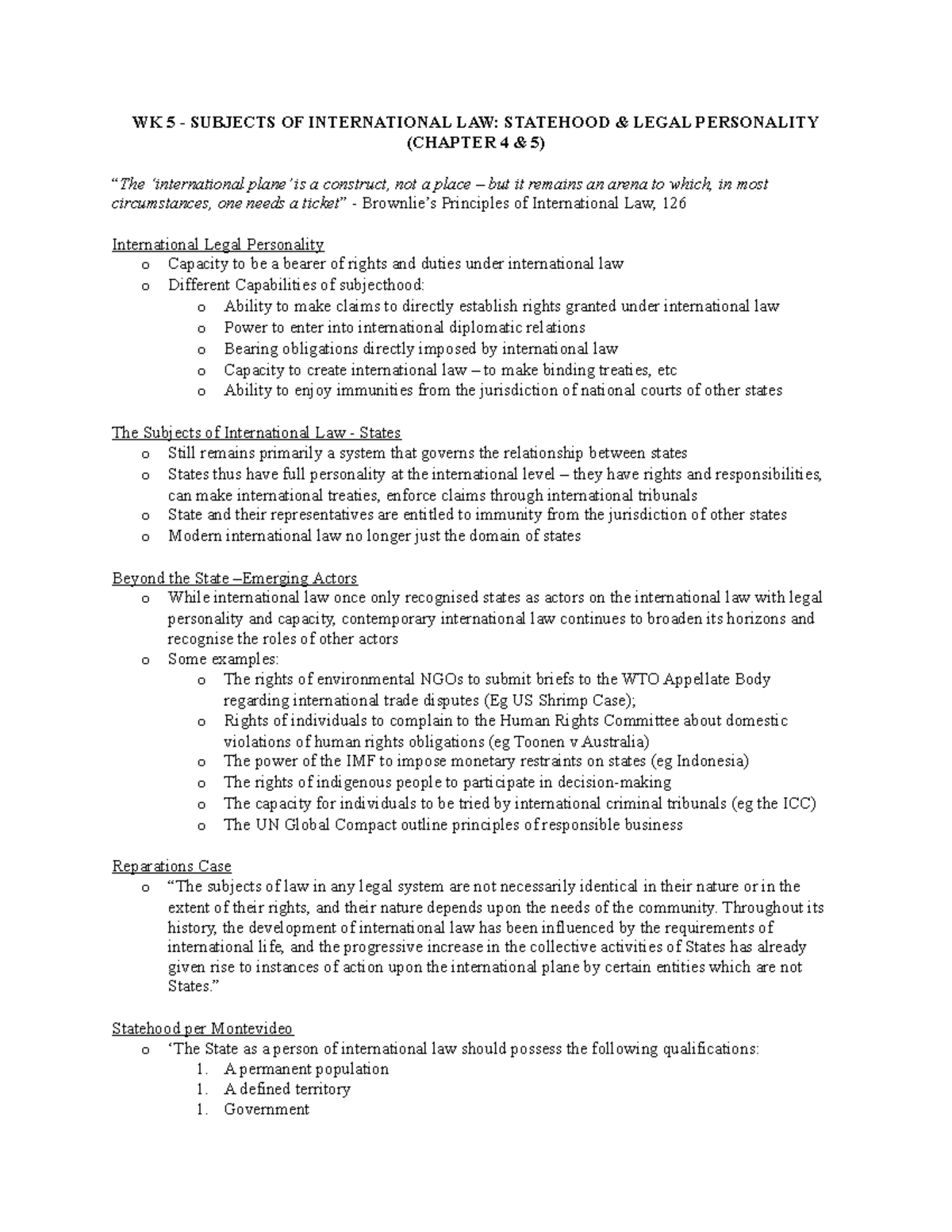 LAWS2000 WEEK 5 & 6 Notes - WK 5 - SUBJECTS OF INTERNATIONAL LAW ...