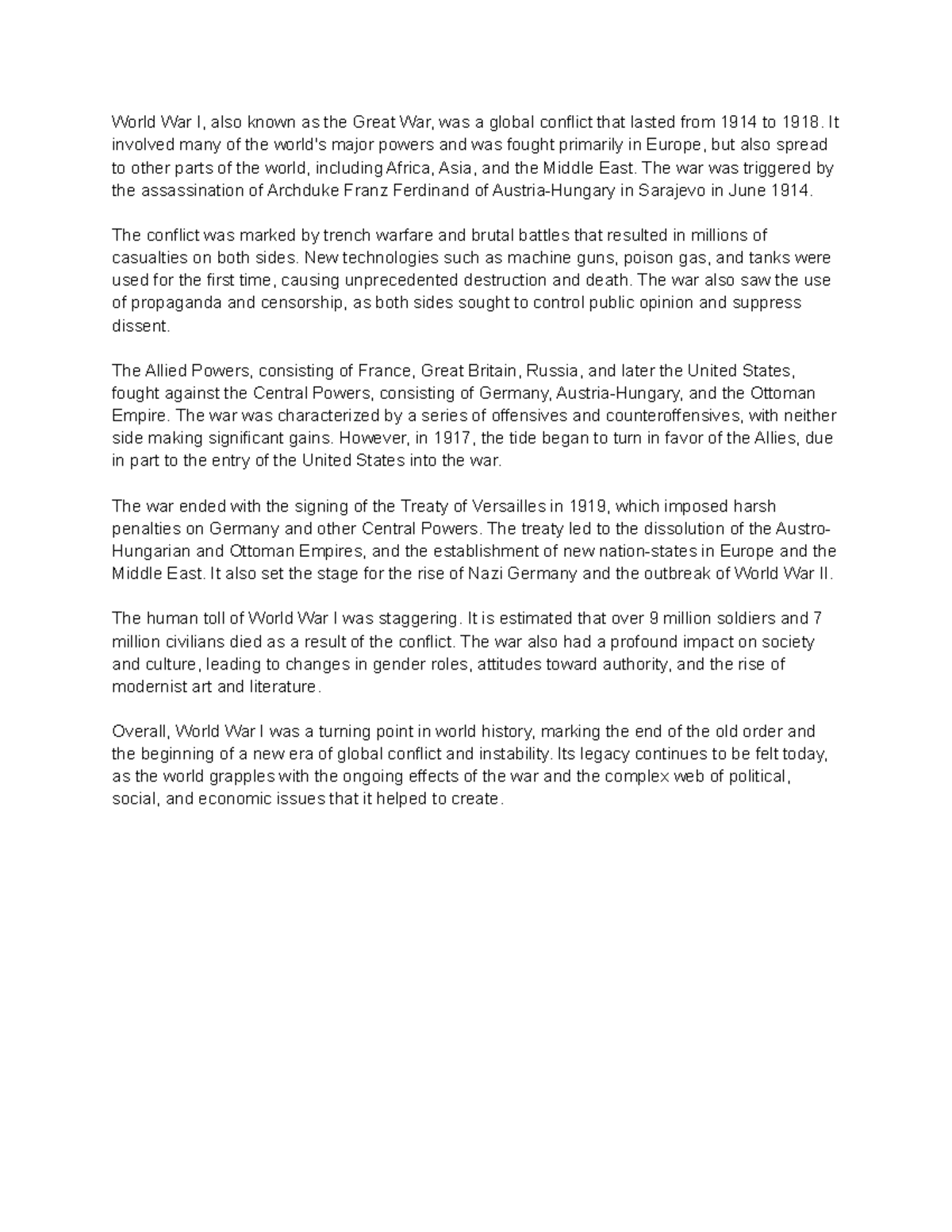 World War One Summary - World War I, also known as the Great War, was a ...