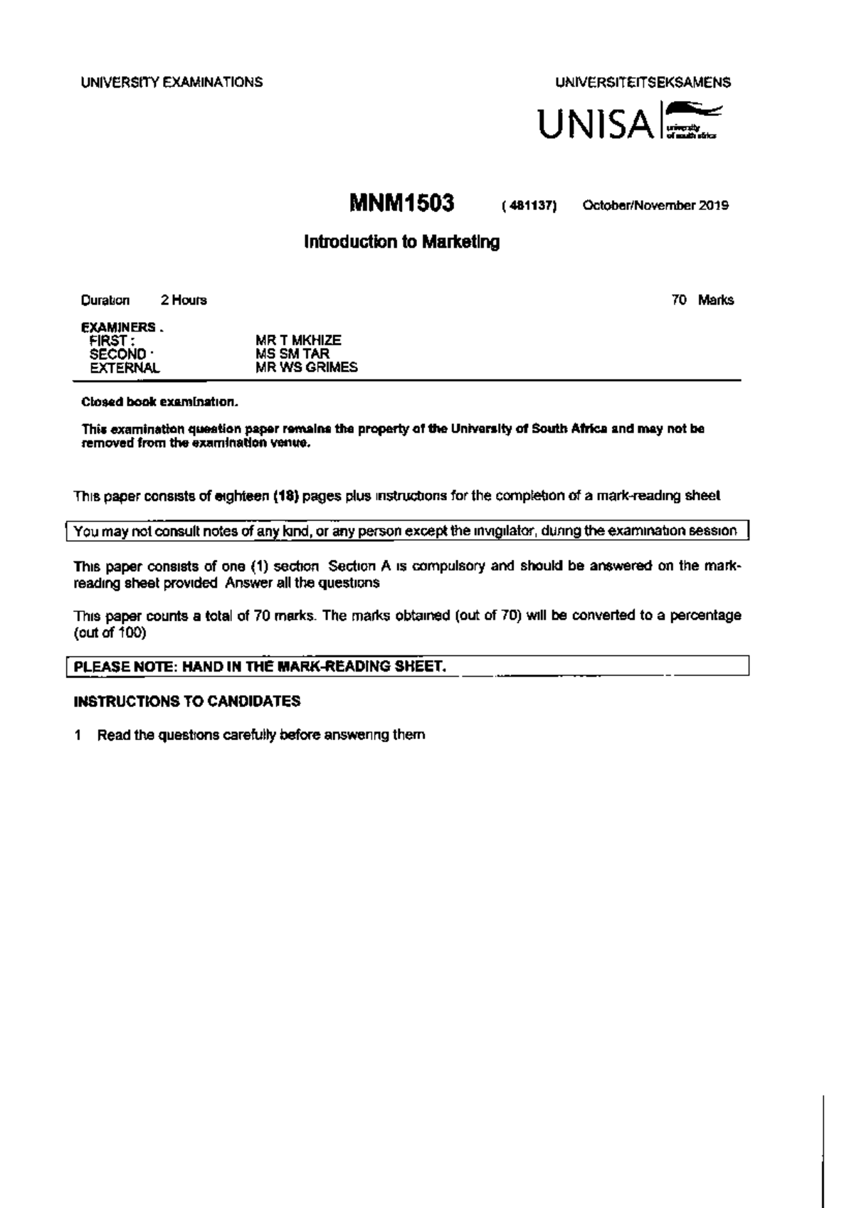 PAST PAPERMNM1503 - MNM1503 - Studocu
