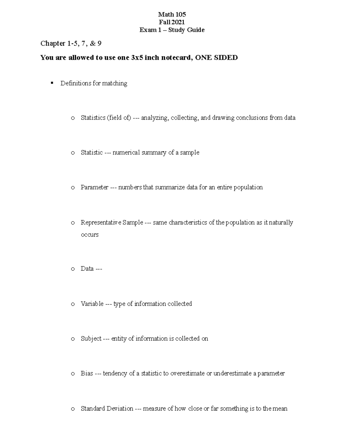 Exam 1 Study Guide - Beth Cochran - Math 105 Fall 2021 Exam 1 – Study ...