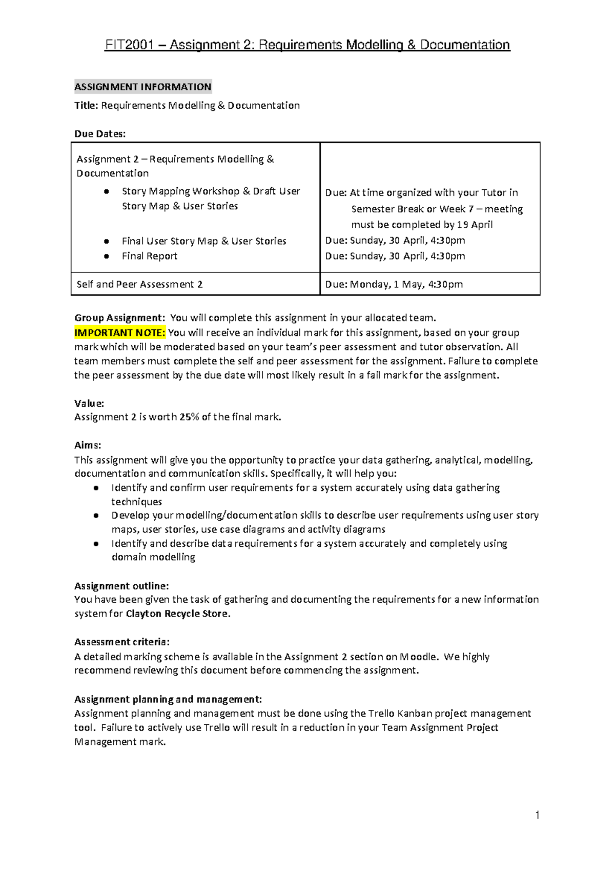 FIT2001 Assignment 2 - ASSIGNMENT INFORMATION Title: Requirements ...