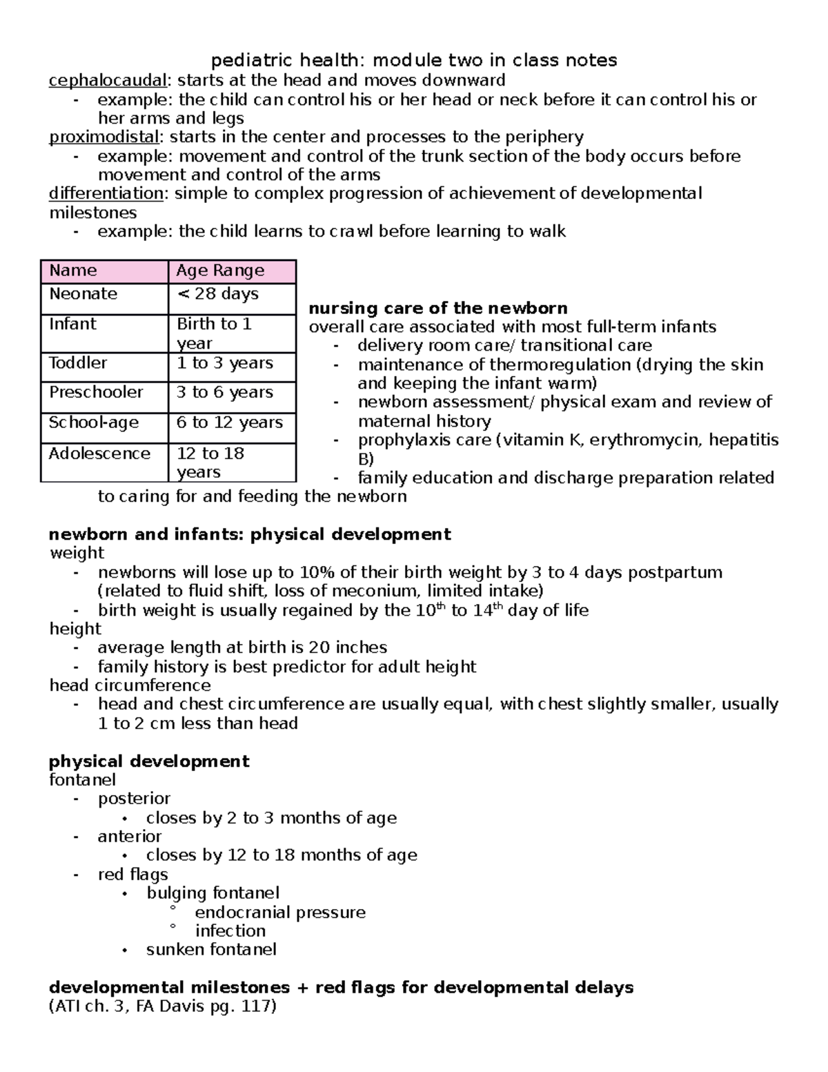 Pediatric health mod 2 in class notes - pediatric health: module two in ...