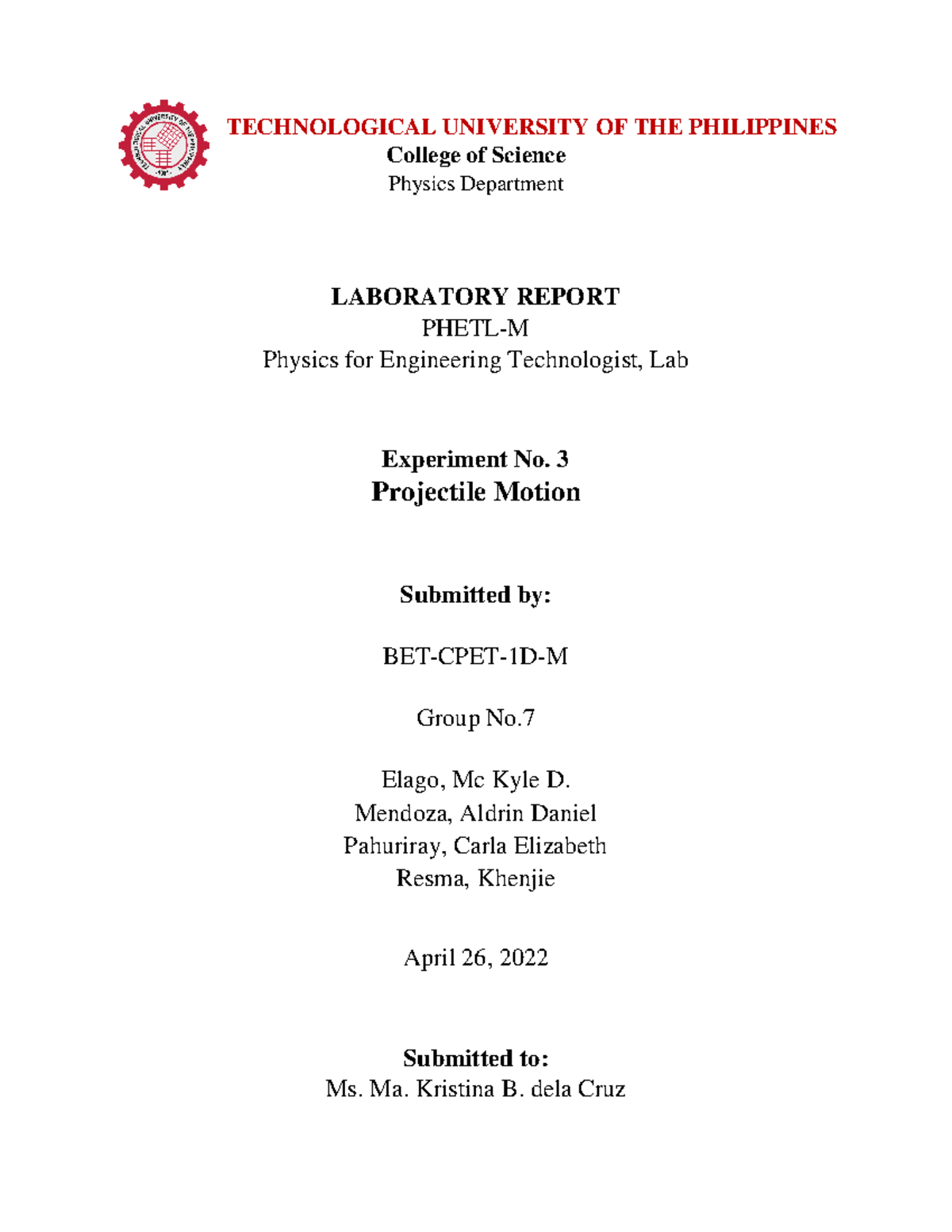 Lab Report 3 Group 7 - TECHNOLOGICAL UNIVERSITY OF THE PHILIPPINES ...