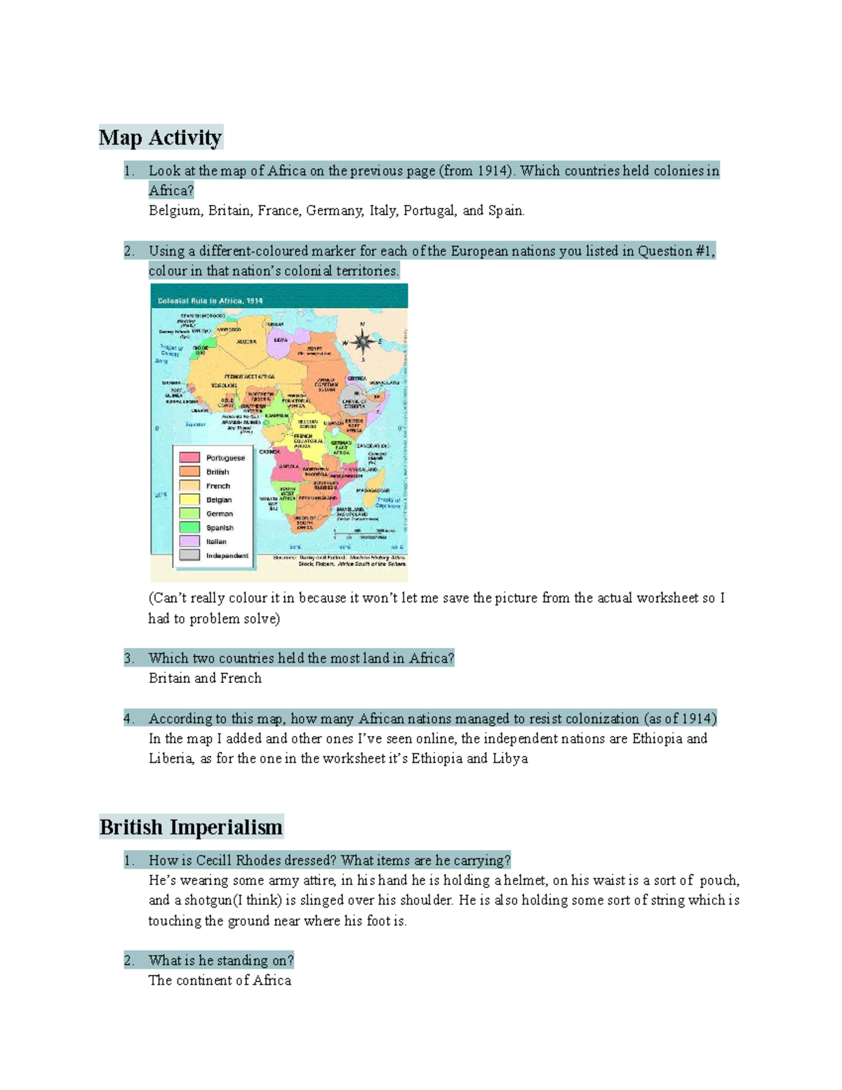 African Imperalism - Discussion homework - Map Activity 1. Look at the map of Africa on the ...