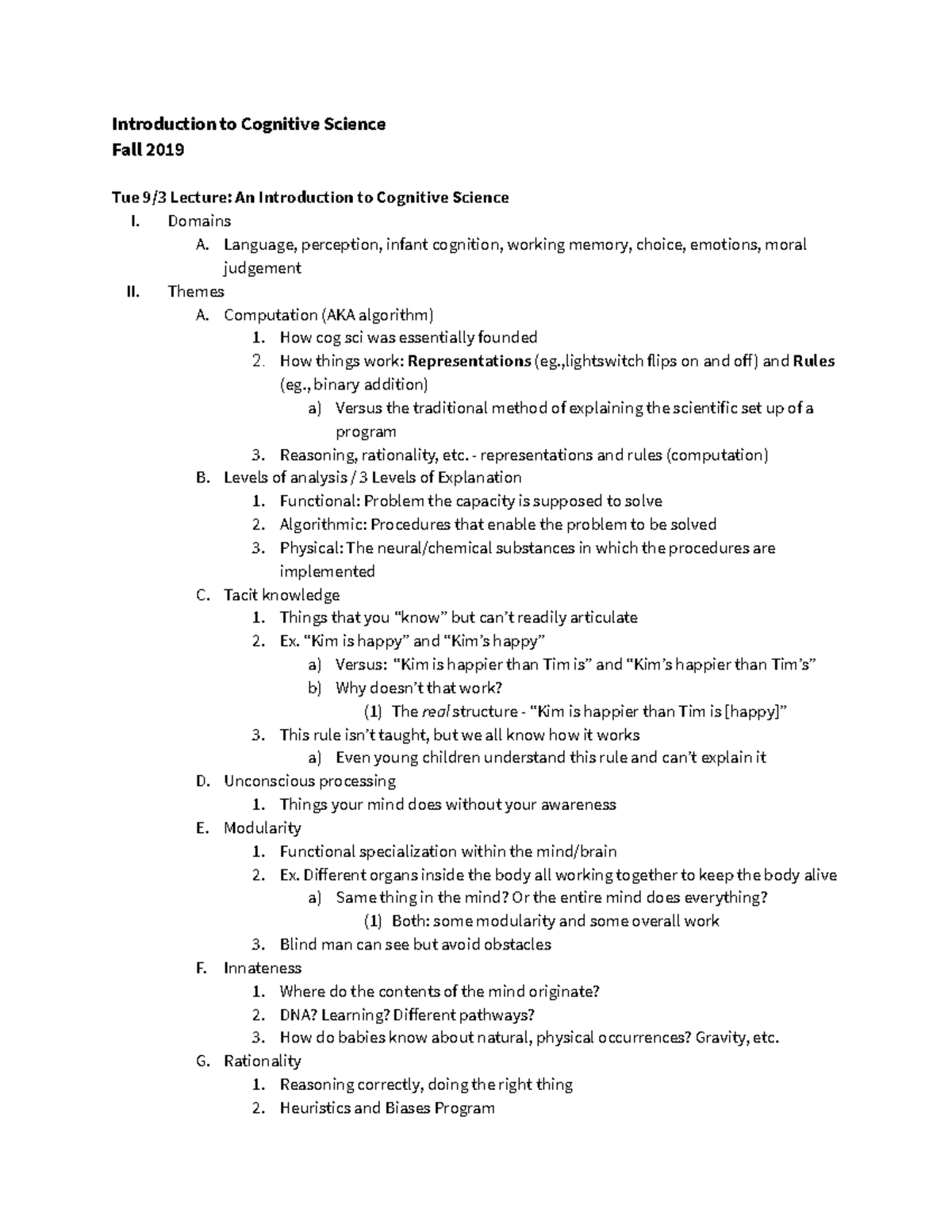 Cog Sci 200 Notes - Pre-Exam 1 - Introduction to Cognitive Science Fall ...