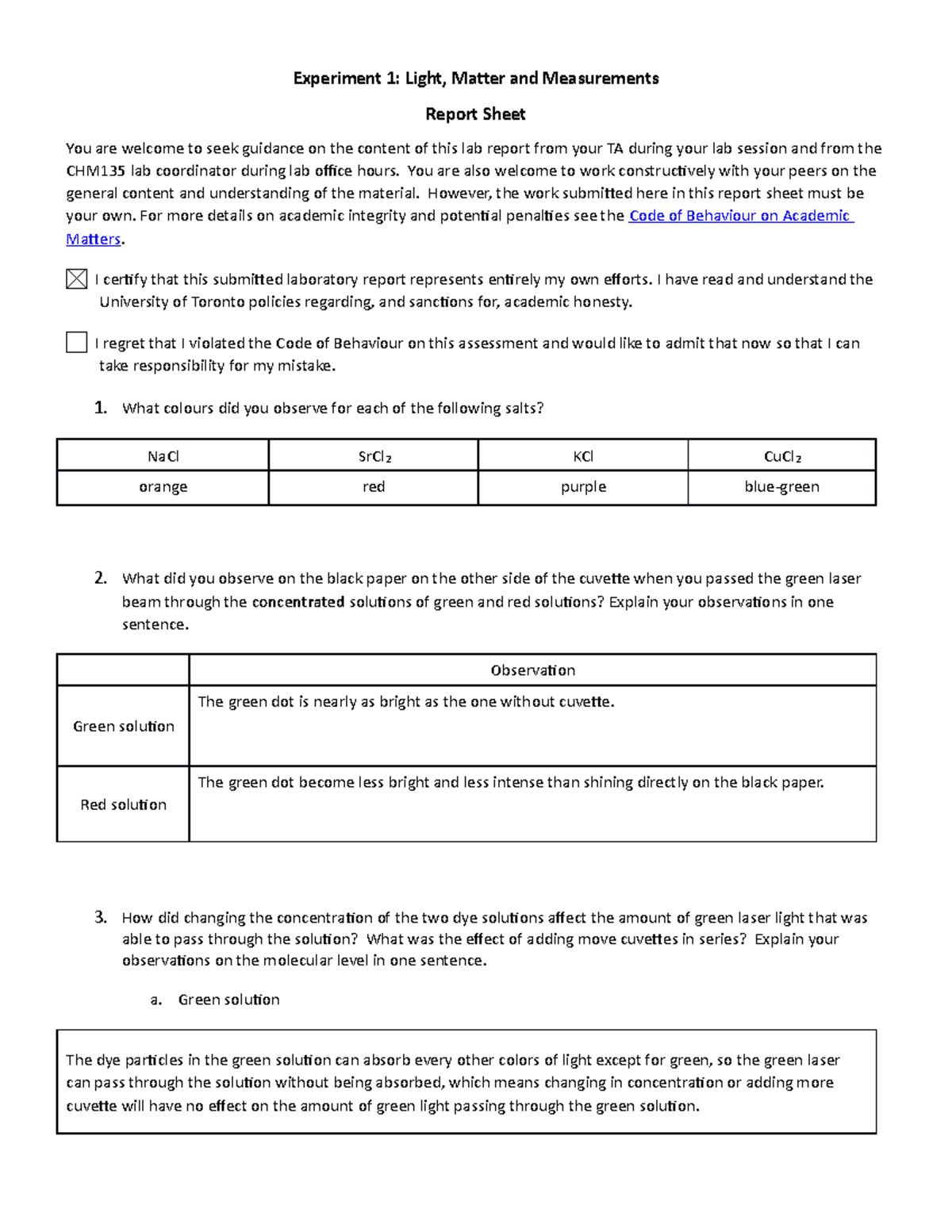 CHM135 Lab 1 report sheet - Experiment 1: Light, Matter and ...