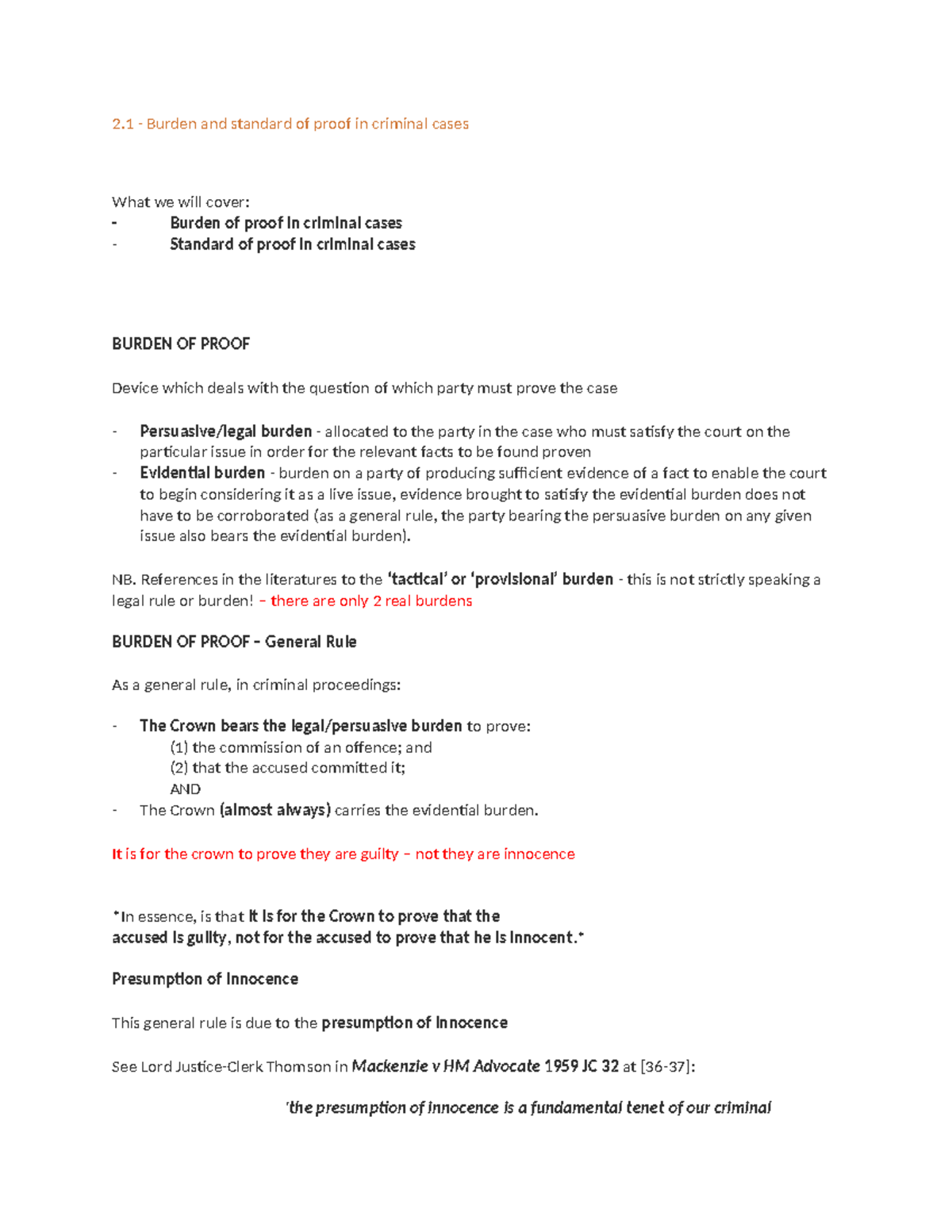 Burden and standard of proof in criminal cases - NB. References in the ...