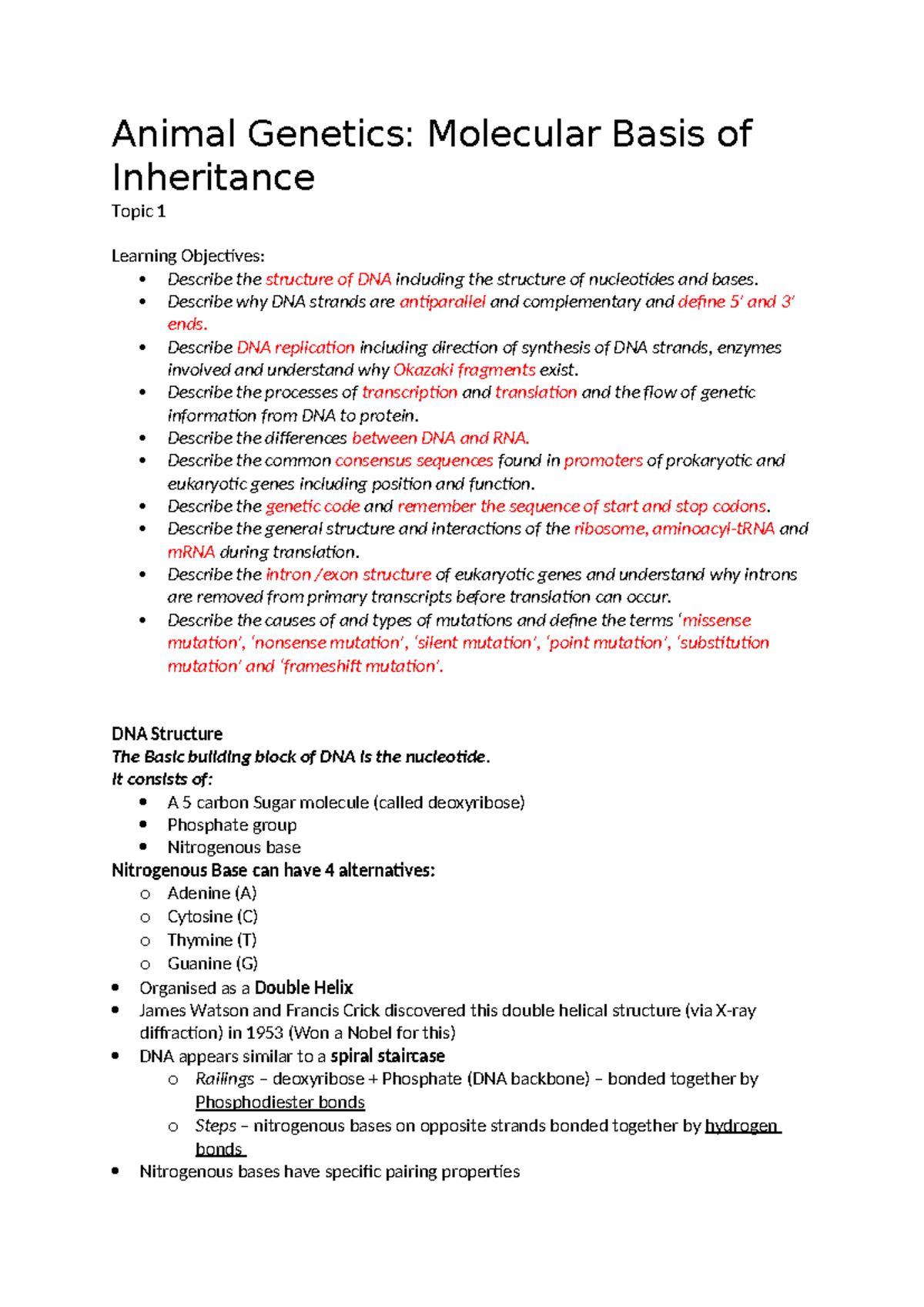 Genetics T1 - Animal Genetics: Molecular Basis of Inheritance Topic 1 ...