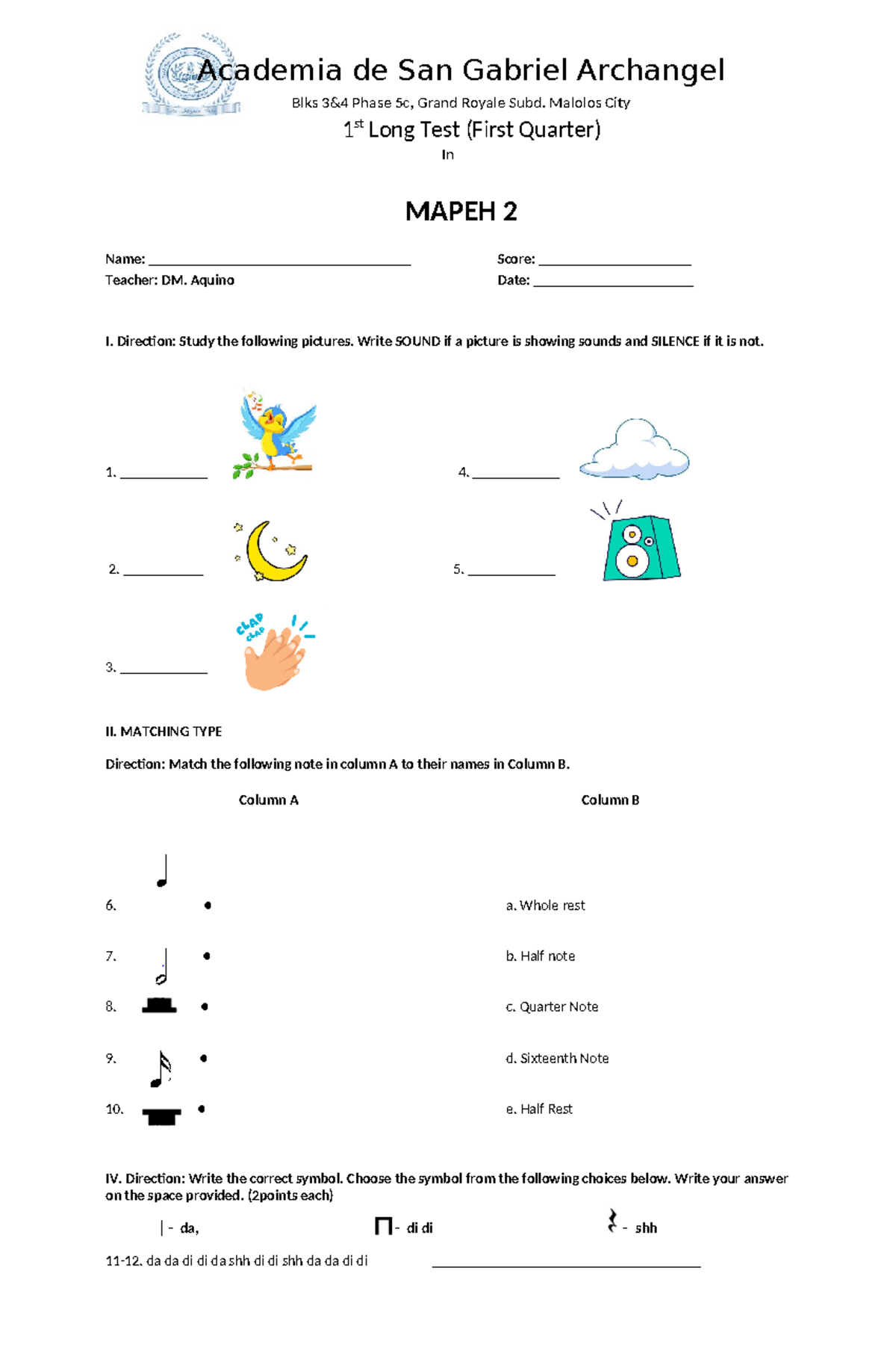 Mapeh 2 long test - beed - Academia de San Gabriel Archangel Blks 3&4 ...