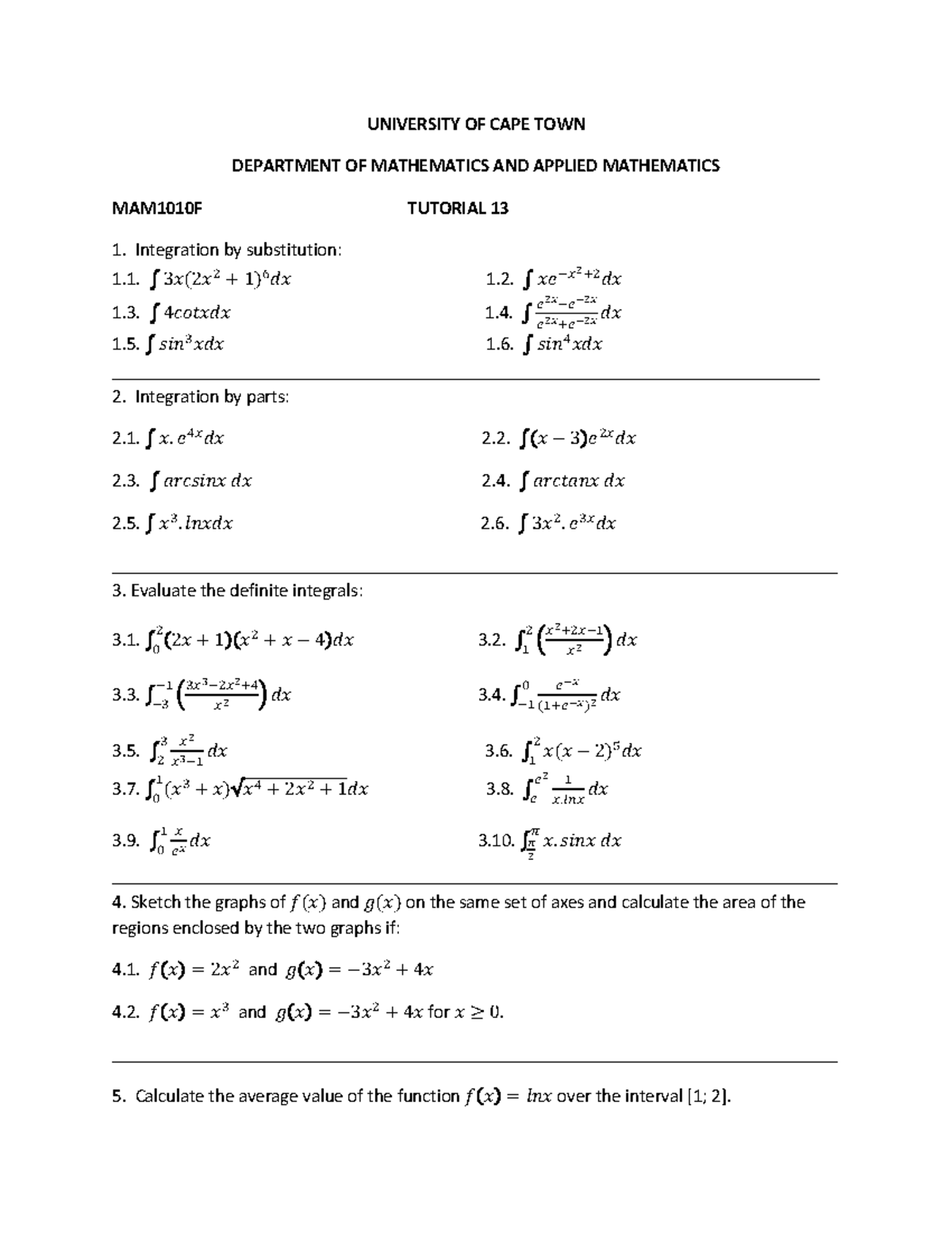 Tutorial+13 - MAM1010F Tutorial - UNIVERSITY OF CAPE TOWN DEPARTMENT OF ...