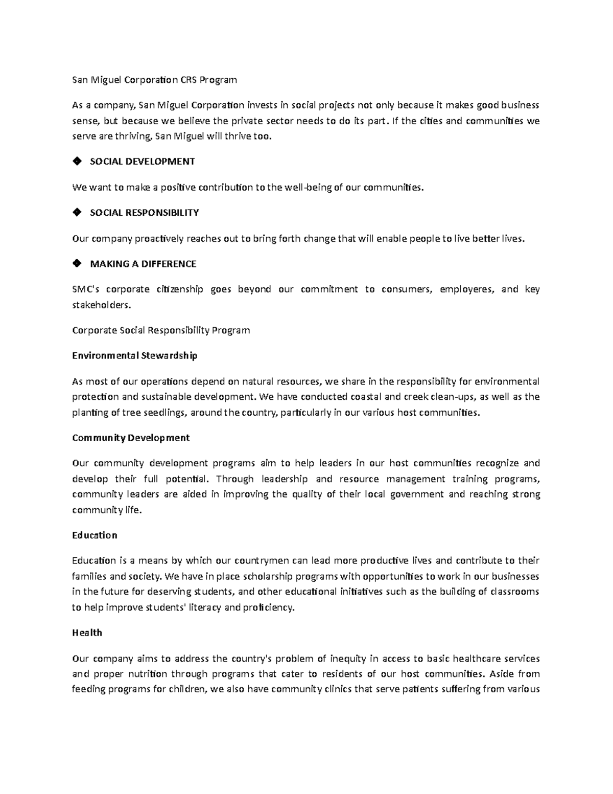 SMC-CSR, ADS, Whistle Blowing - the bsjsjak absjjs - San Miguel ...