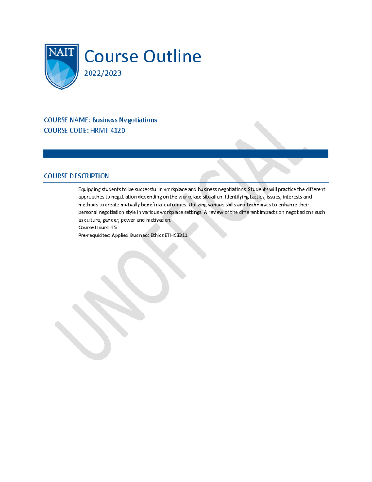 Course Outline HRMT 4120 NEW - Course Outline 2022/ COURSE NAME ...