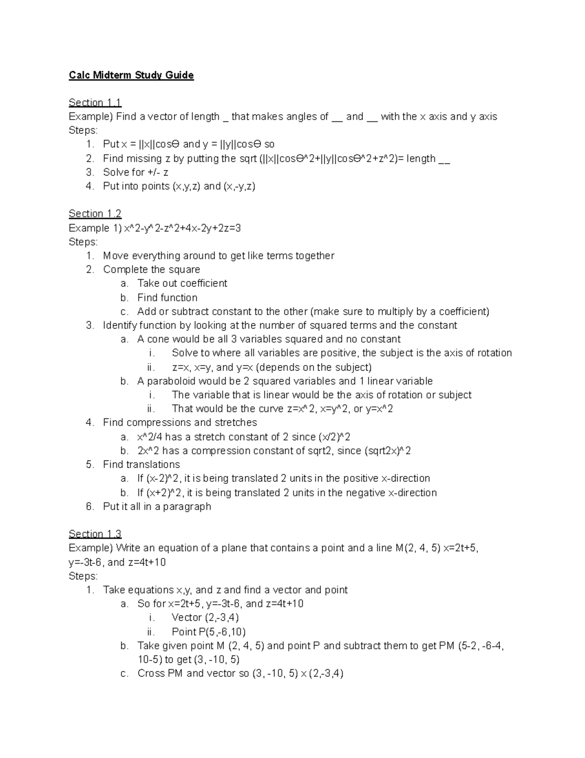 Midterm Study Guide - Calc Midterm Study Guide Section 1. Example) Find ...