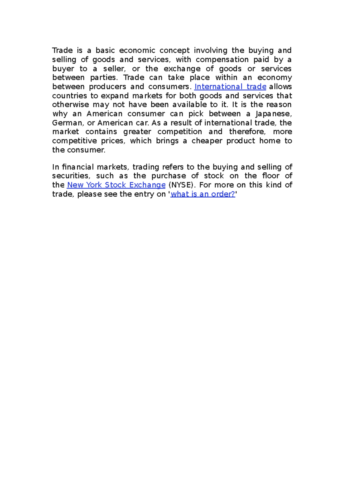 1 - coursework - Trade is a basic economic concept involving the buying ...
