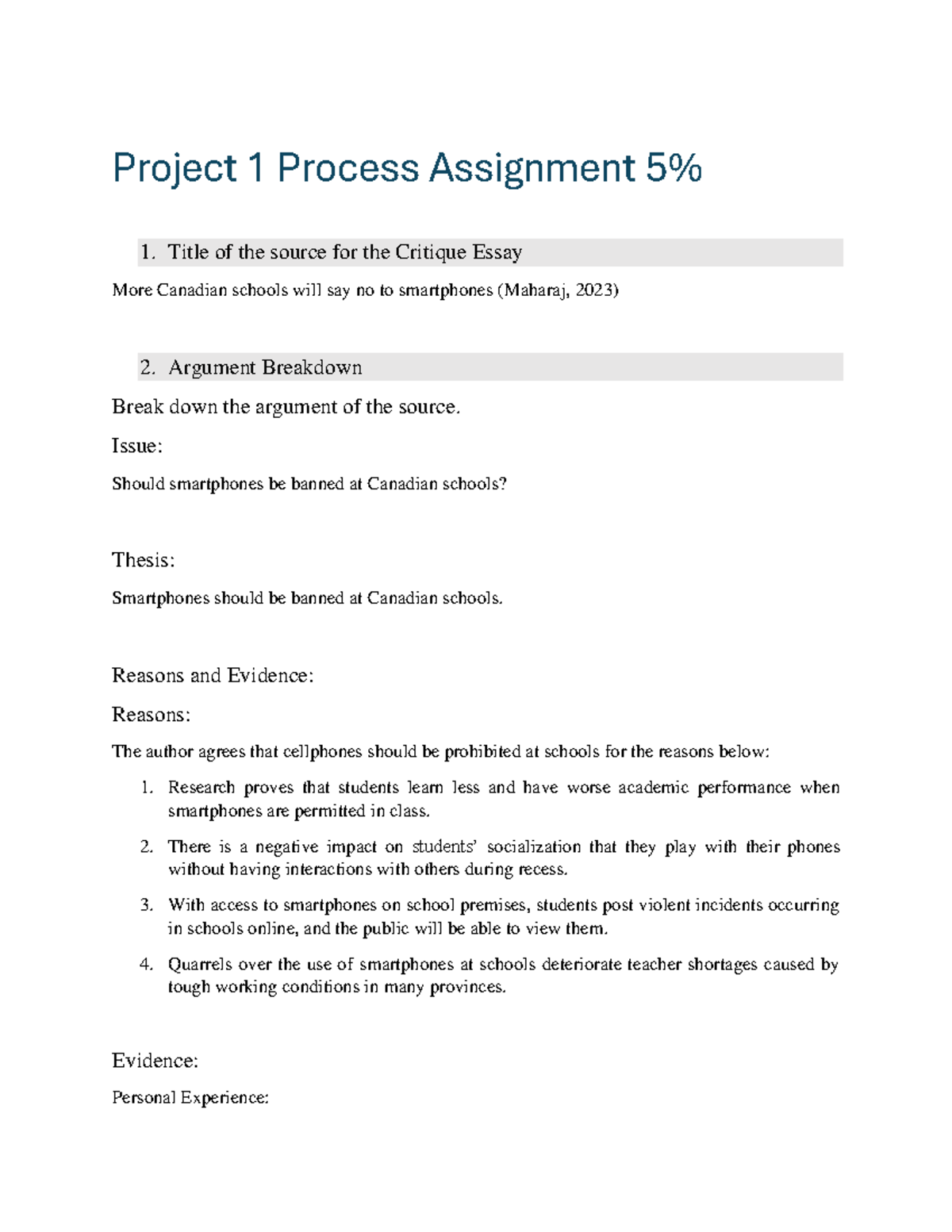 Sample Process Assignment #1 - Project 1 Process Assignment 5% 1. Title of the source for the ...