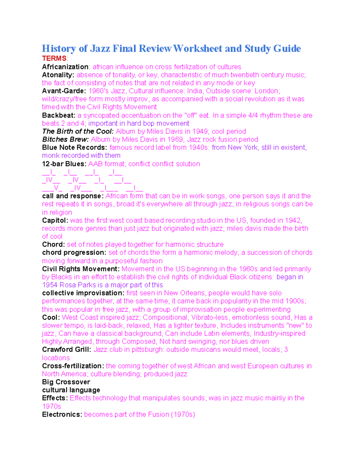 History of Jazz Final Review Worksheet and Study Guide - In a simple 4/ ...