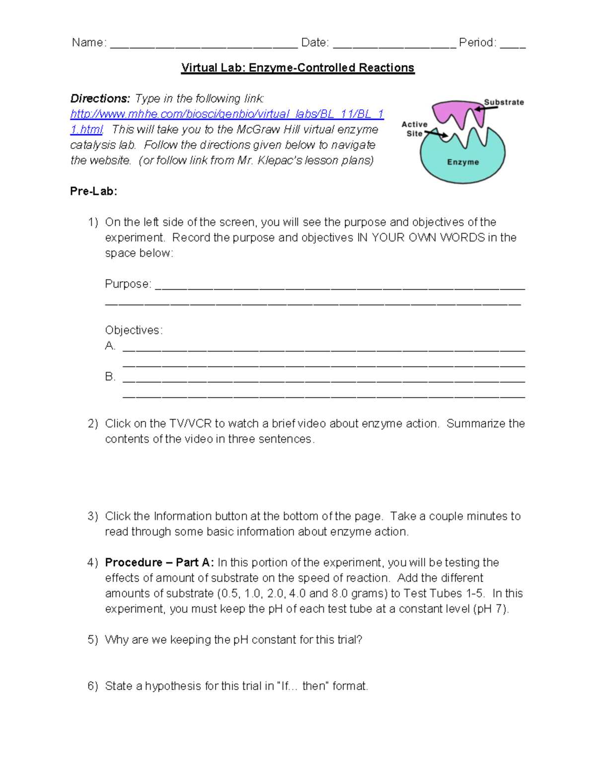 Virtual Enzyme Lab Worksheet - Name: _____________________________ Date