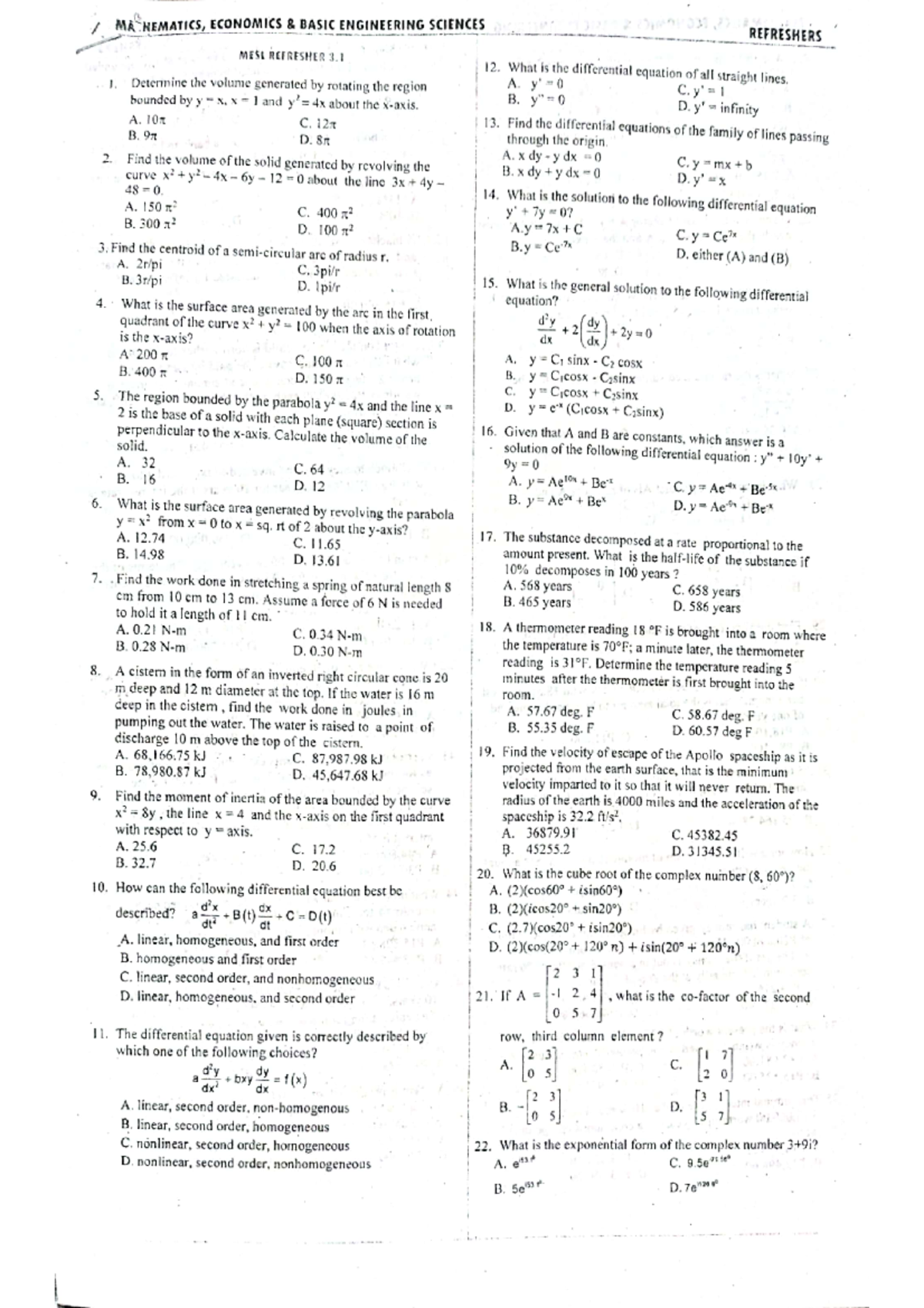 MESL Refresher 3 - This are set of problems for Mathematics Engineering ...