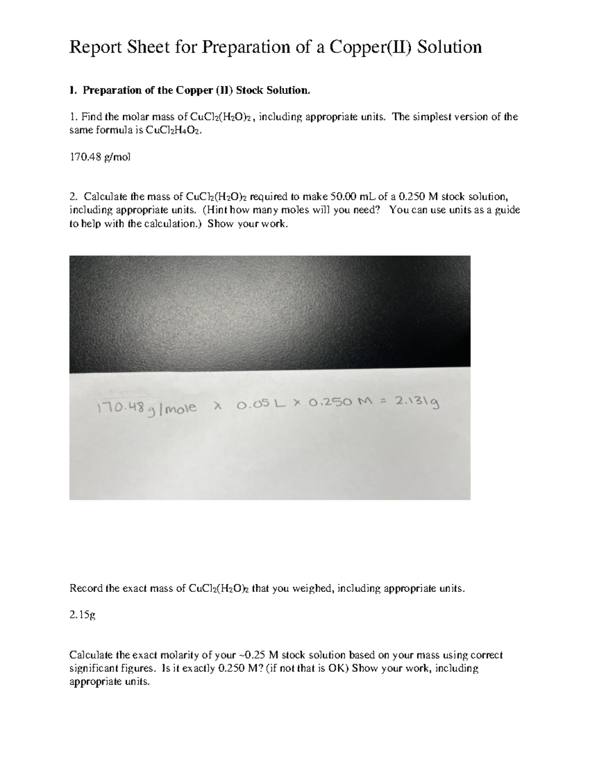 HA copper lab - Report Sheet for Preparation of a Copper(II) Solution I ...