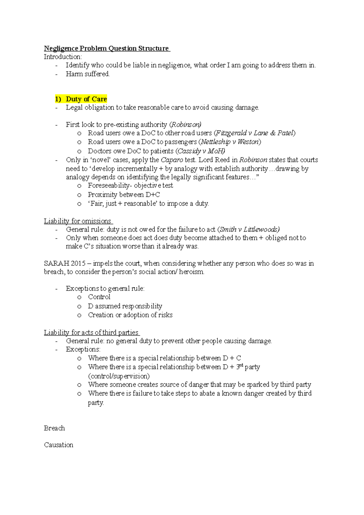 Negligence Summary - Negligence Problem Question Structure Introduction: - Identify who could be ...