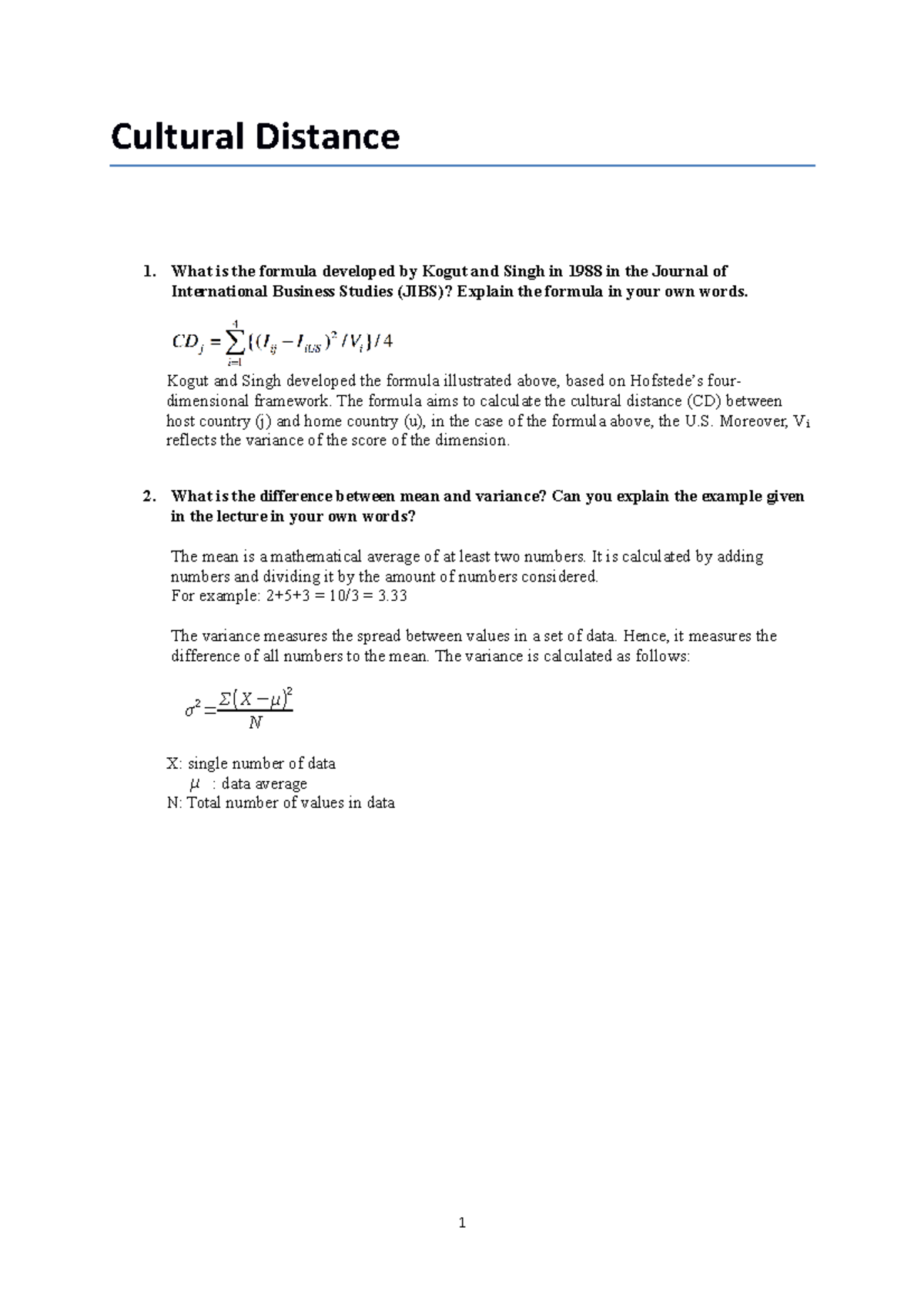 Cultural Distance assignment - Grade 9 - Cultural Distance What is the ...