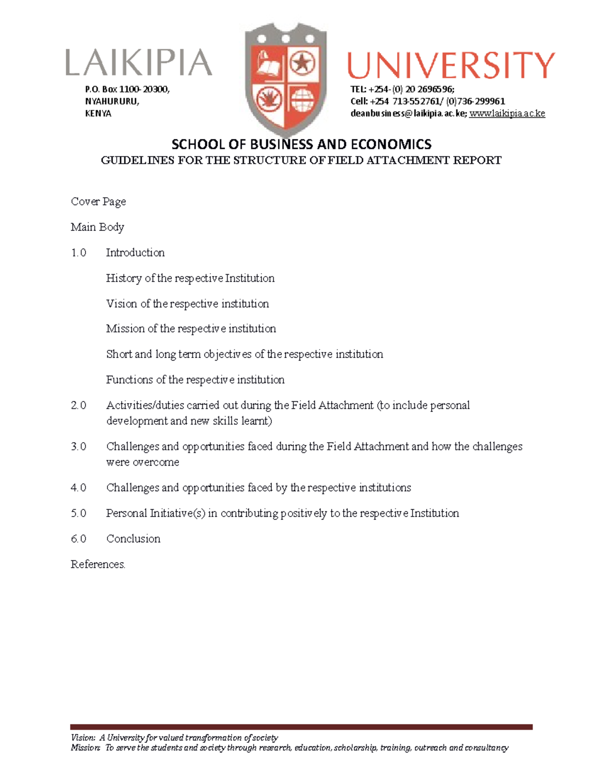 Structure of Field Attachment Report - SCHOOL OF BUSINESS AND ECONOMICS ...