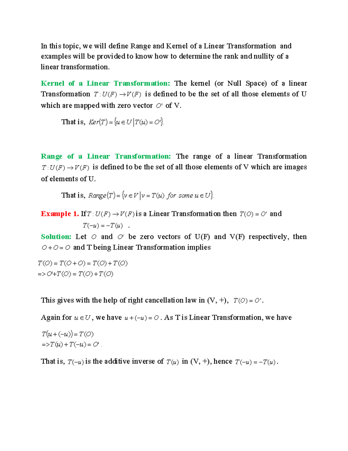 Lecture 7 Kernal and Range 1 (Vector Spaces Lectures) - In this topic ...