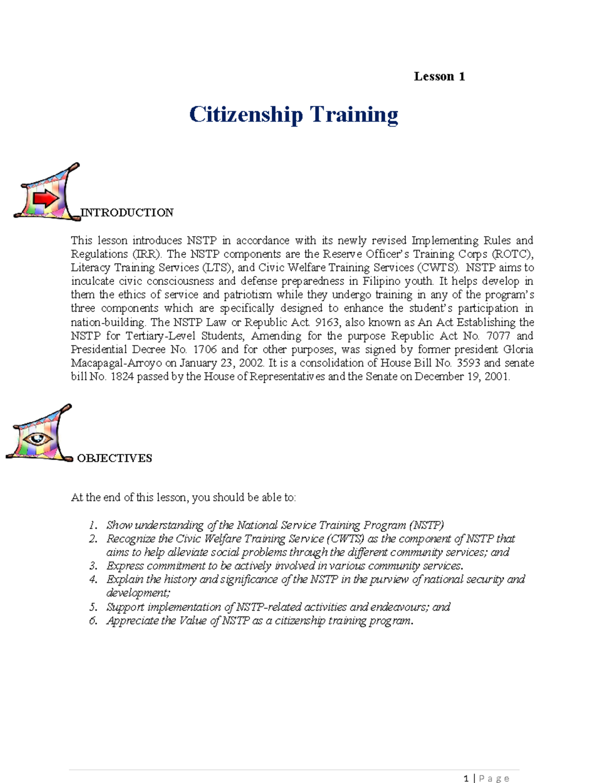 CWTS Learning Activity No - Citizenship Training Lesson 1 INTRODUCTION ...