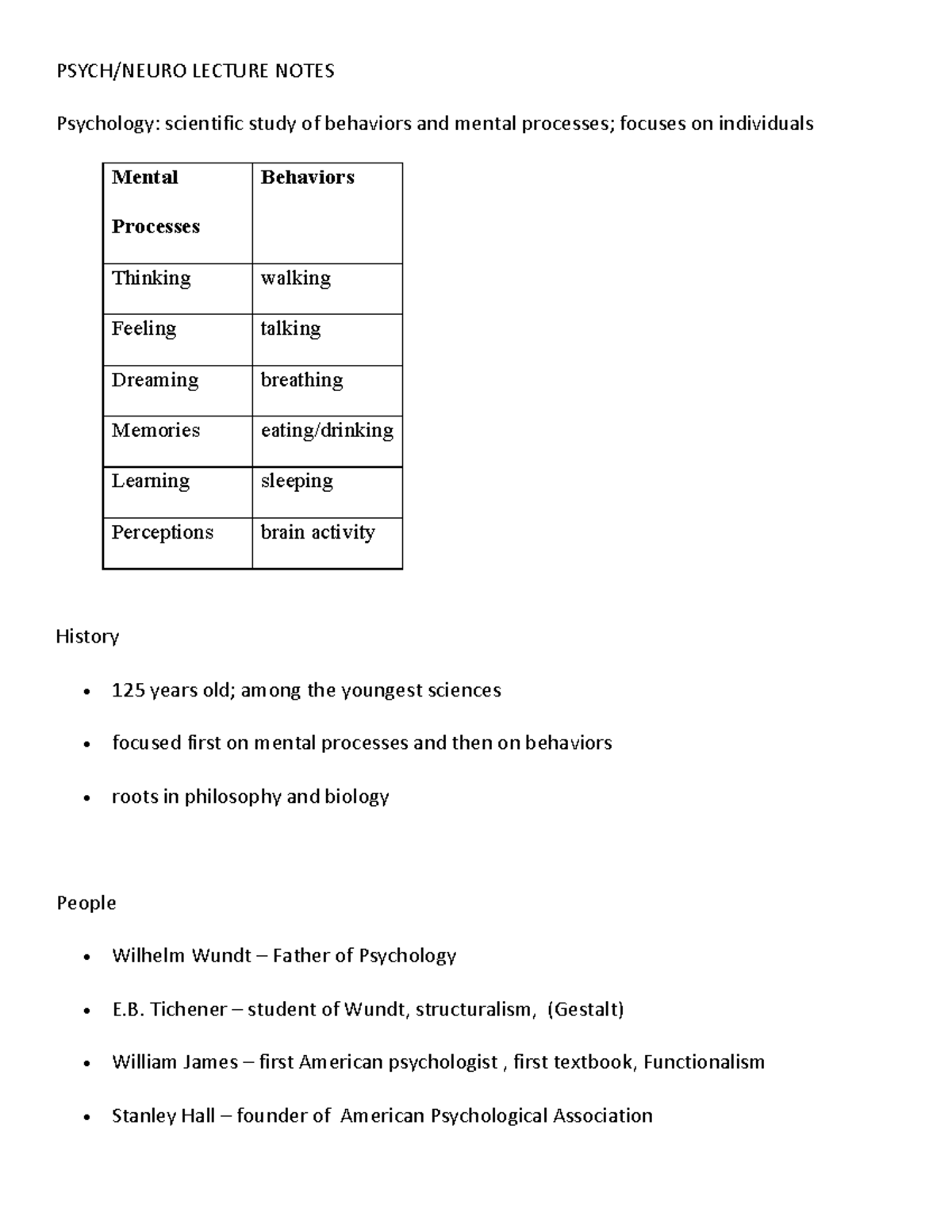 Psych 1 - PSYCH/NEURO LECTURE NOTES Psychology: scientific study of ...