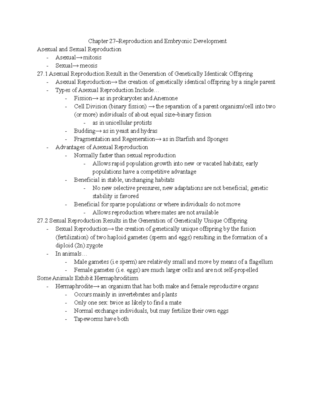 Chapter 27 - Chapter 27–Reproduction and Embryonic Development Asexual ...
