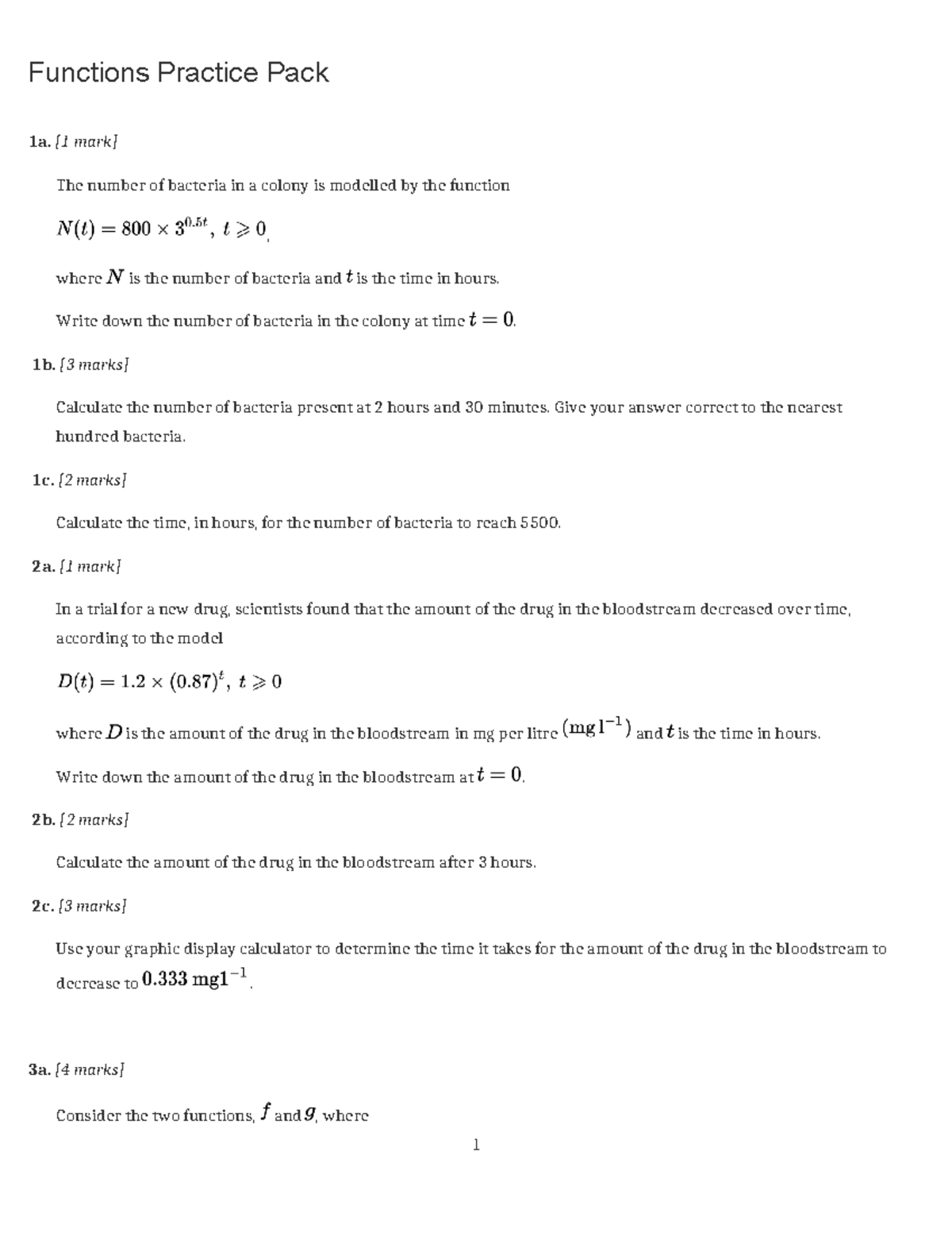 Functions Revision Pack and answers - Functions Practice Pack 1a. [1 ...