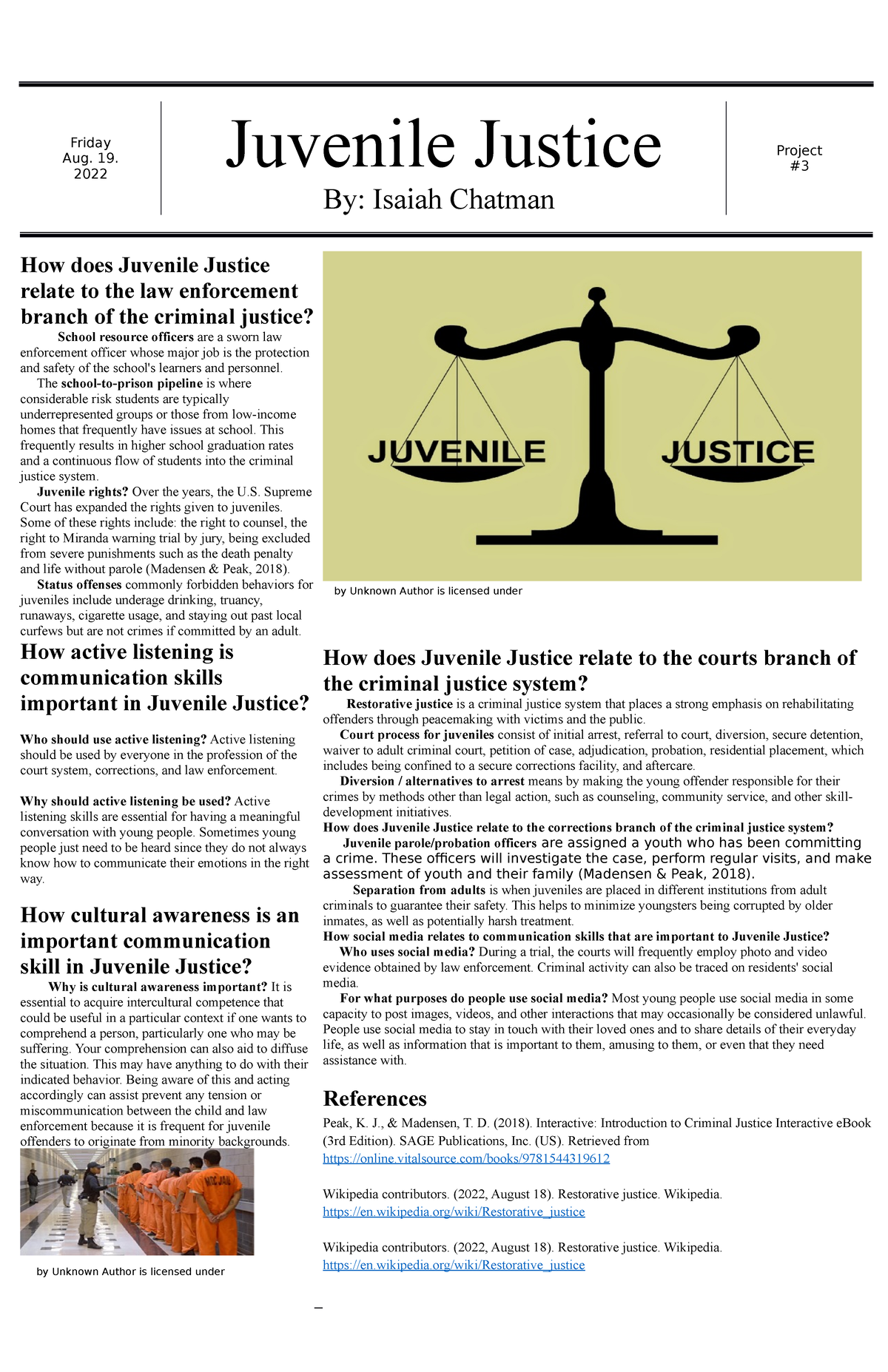 CJ112 Project 3 - Friday Aug. 19. 2022 Juvenile Justice By: Isaiah ...