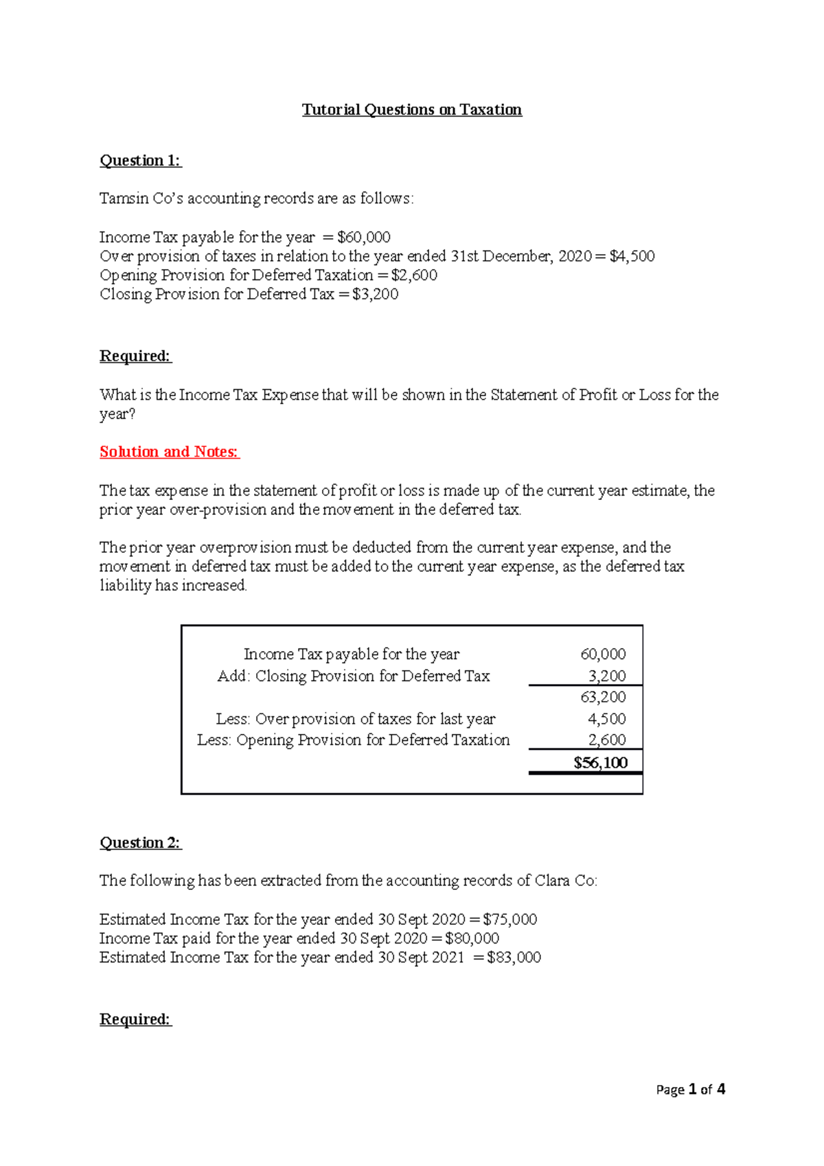 Tutorial Questions and Solutions on Taxation - Tutorial Questions on Taxation Question 1: Tamsin ...