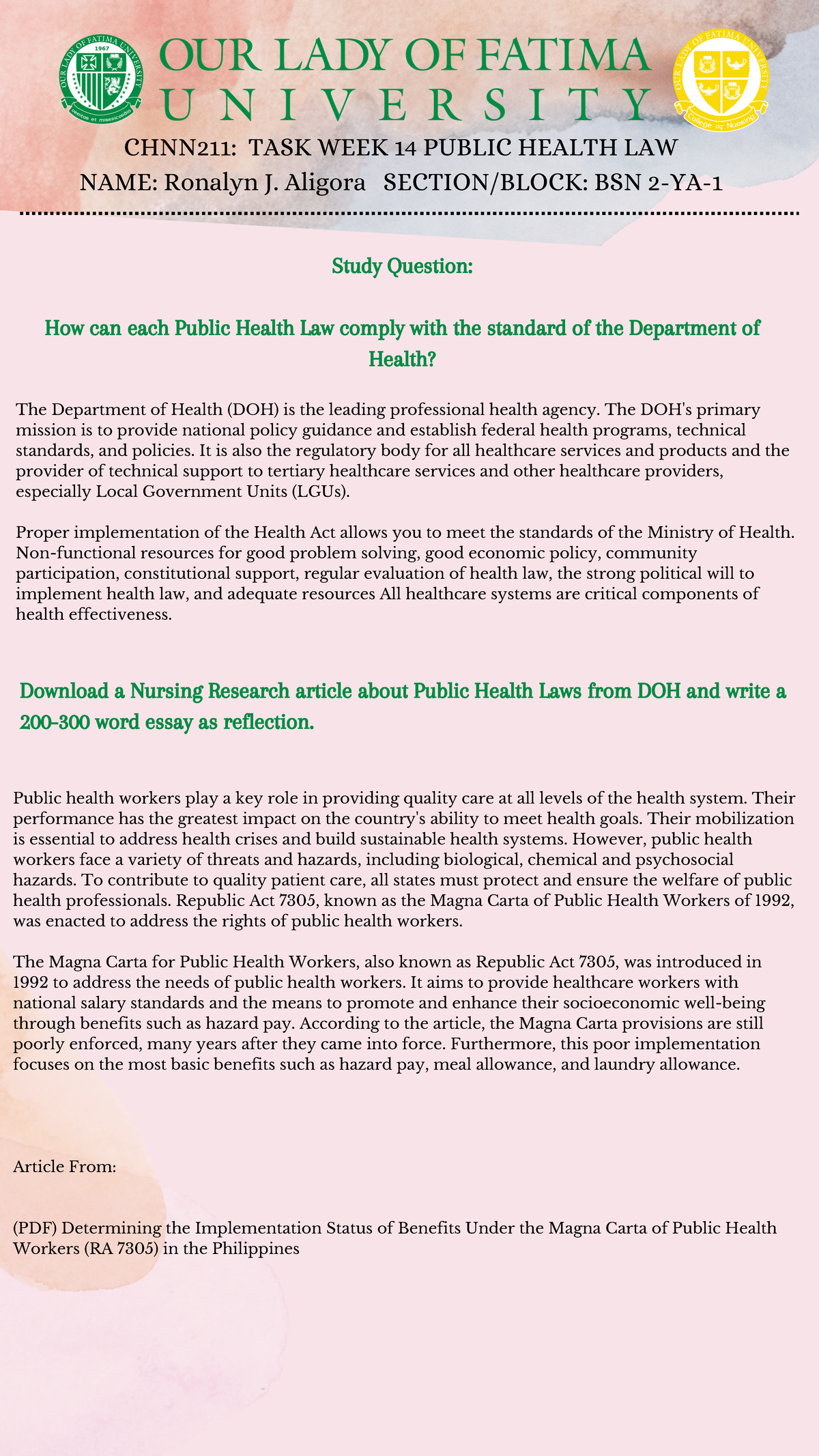 Aligora, Ronalyn- CHNN14 - CHNN211: TASK WEEK 14 PUBLIC HEALTH LAW NAME ...